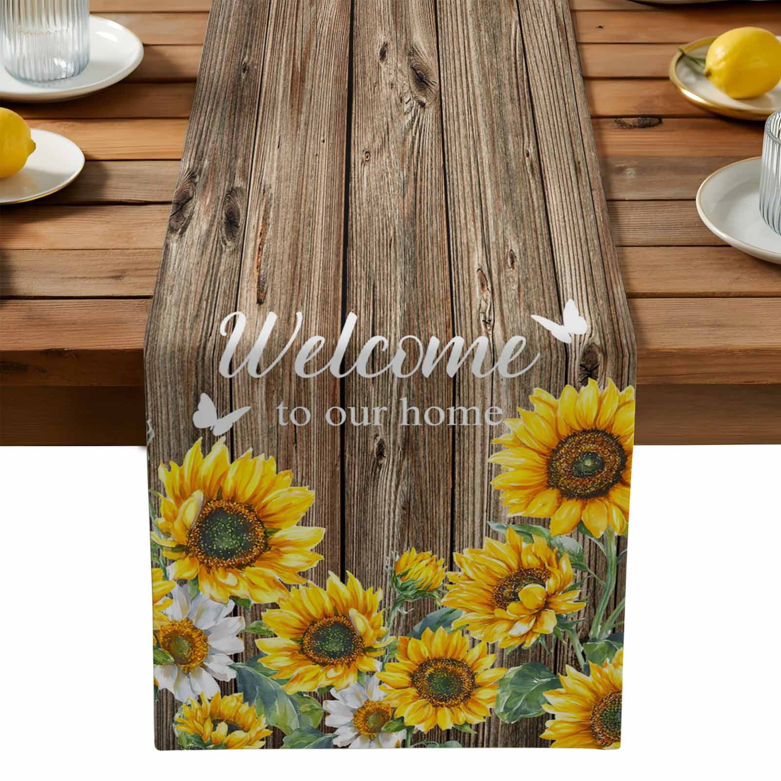 Sunflower Welcome Table Runner, Vintage Farmhouse Wood Texture Cotton ...
