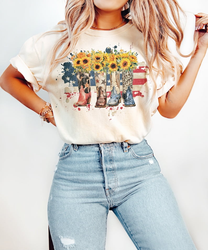 Sunflower Western T-shirt, 4th of July Girl, America Country Style ...