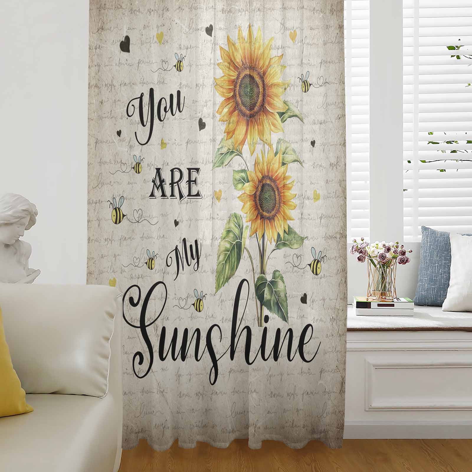 Sunflower Window Curtain 108 Inches Long,Brown Vintage Flower Country Plant Farm Bee Semi Sheer ...