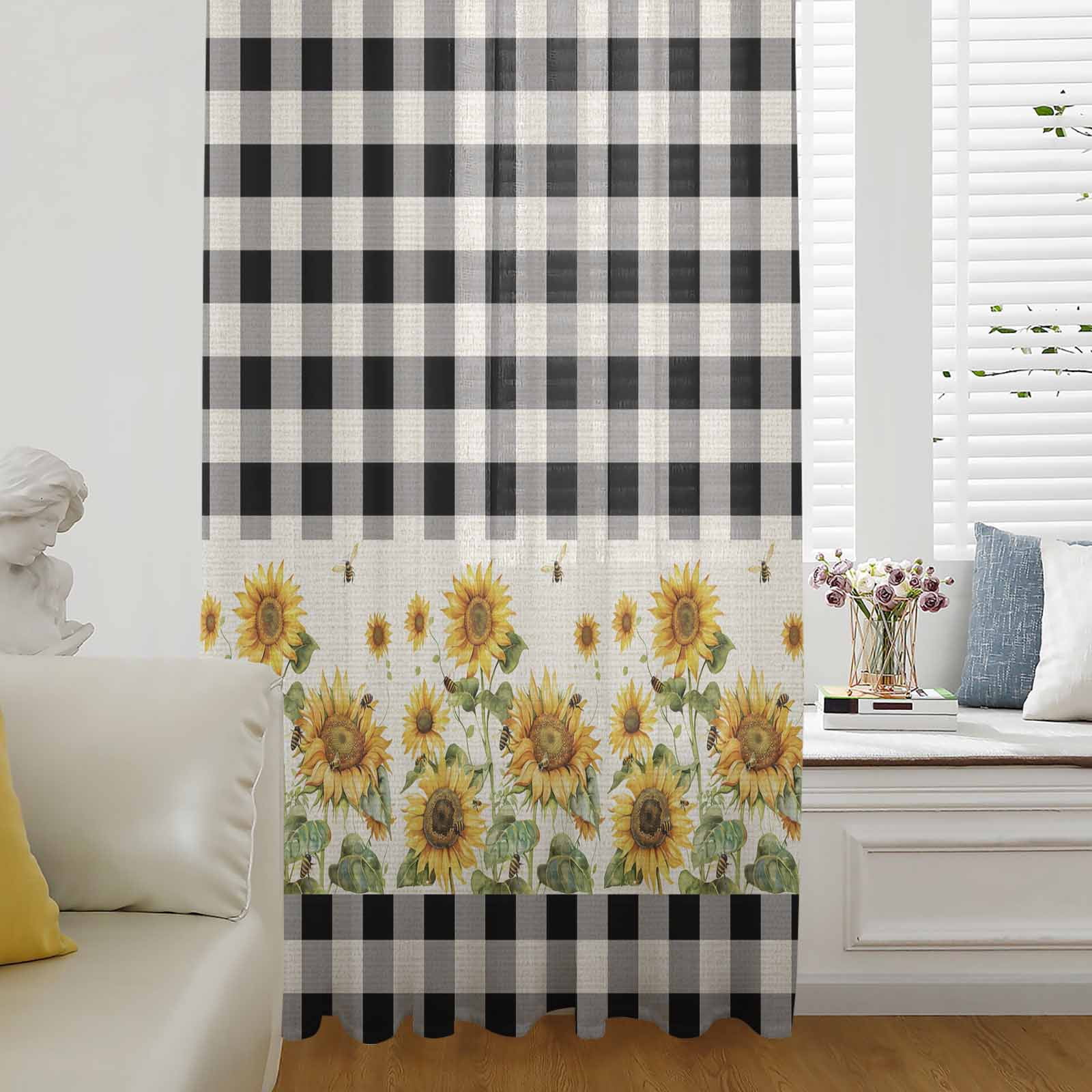 Sunflower Window Curtain 63 Inches Long,Retro Buffalo Plaid Black White Country Bee Semi Sheer ...