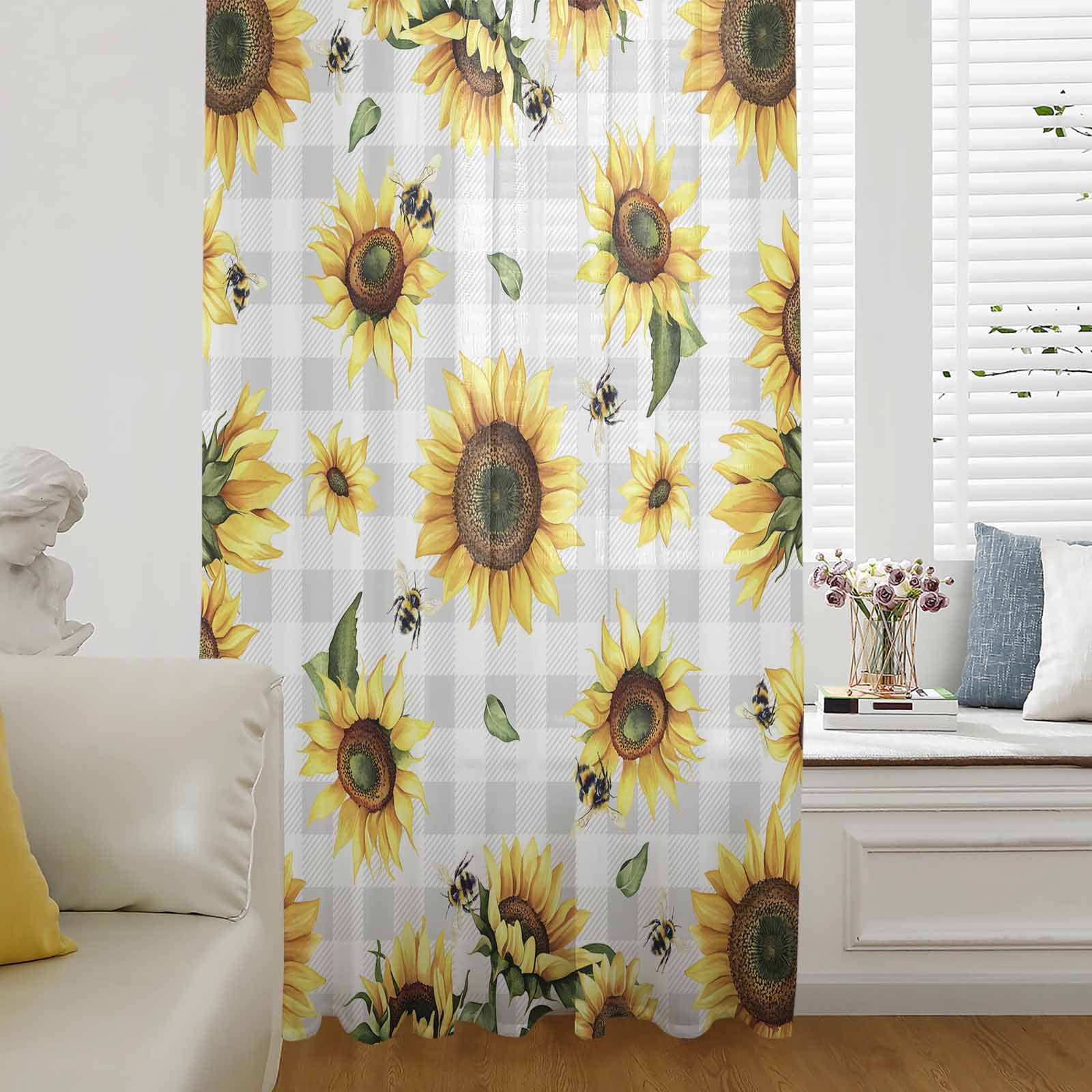 Sunflower Window Curtain 72 Inches Long,Farmhouse Grey Buffalo Check Floral Bee Semi Sheer Rod ...