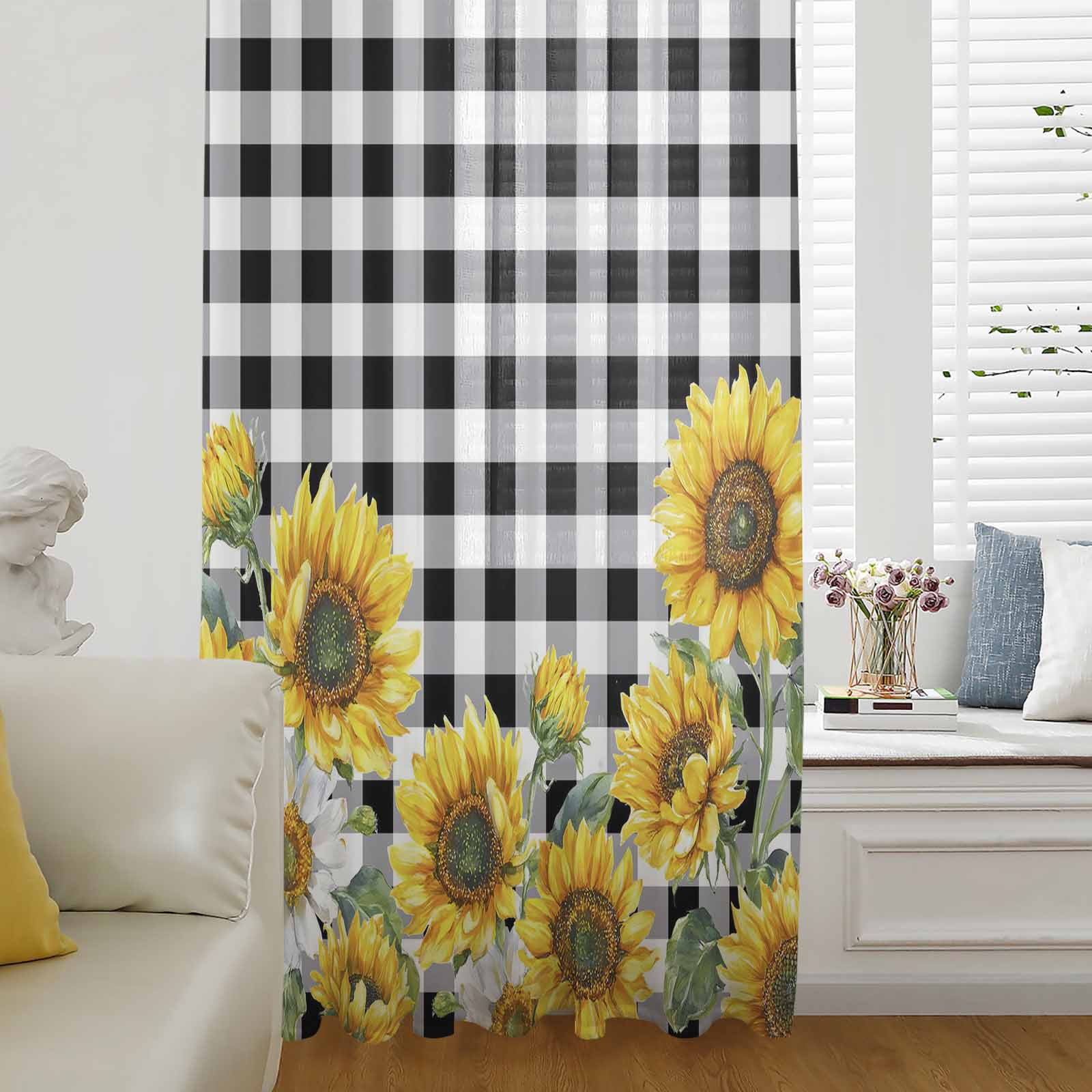 Sunflower Window Curtain 84 Inches Long,Black White Check Country ...