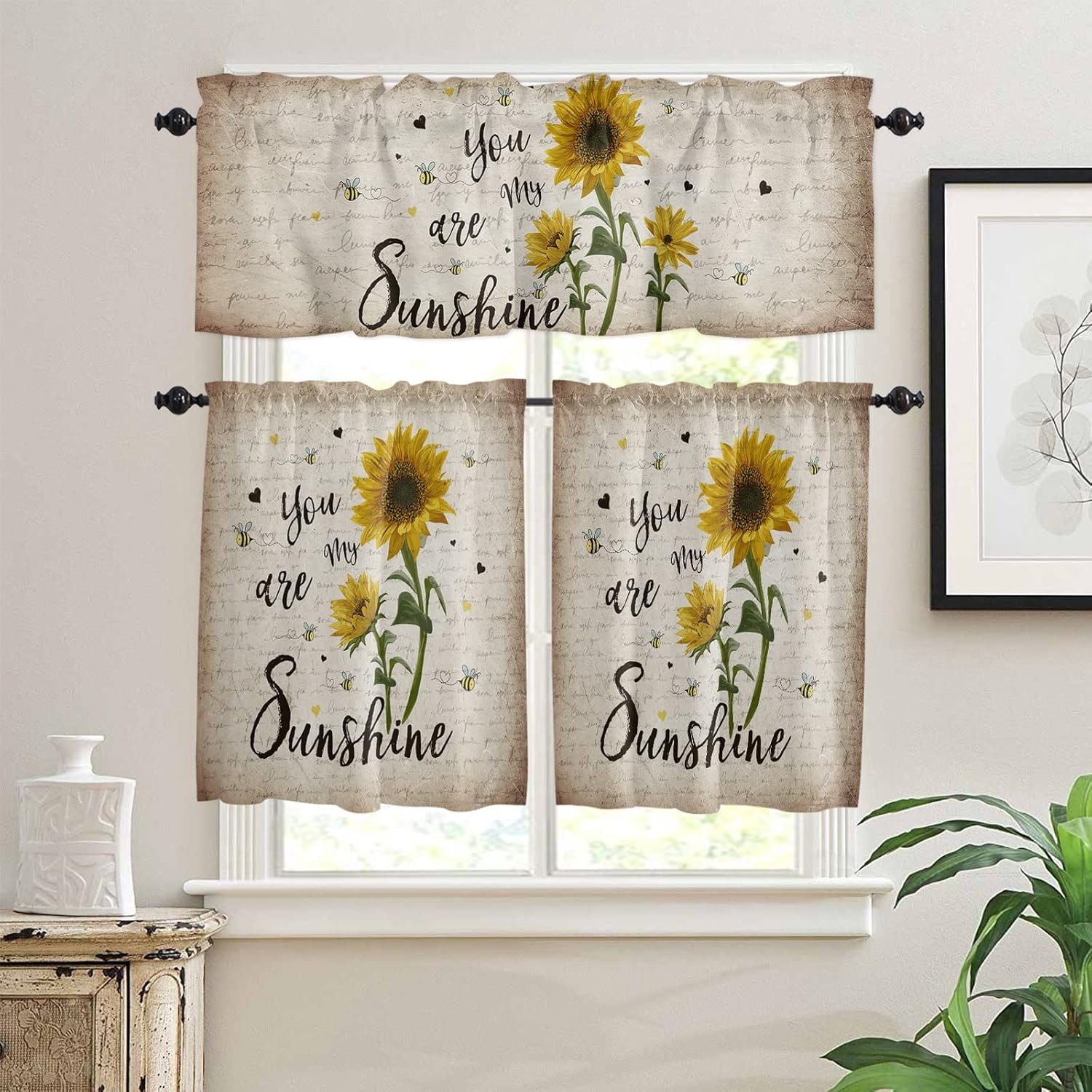 Sunflower Window Curtain Set with Tiers and Valance, 3 Pieces Rod ...