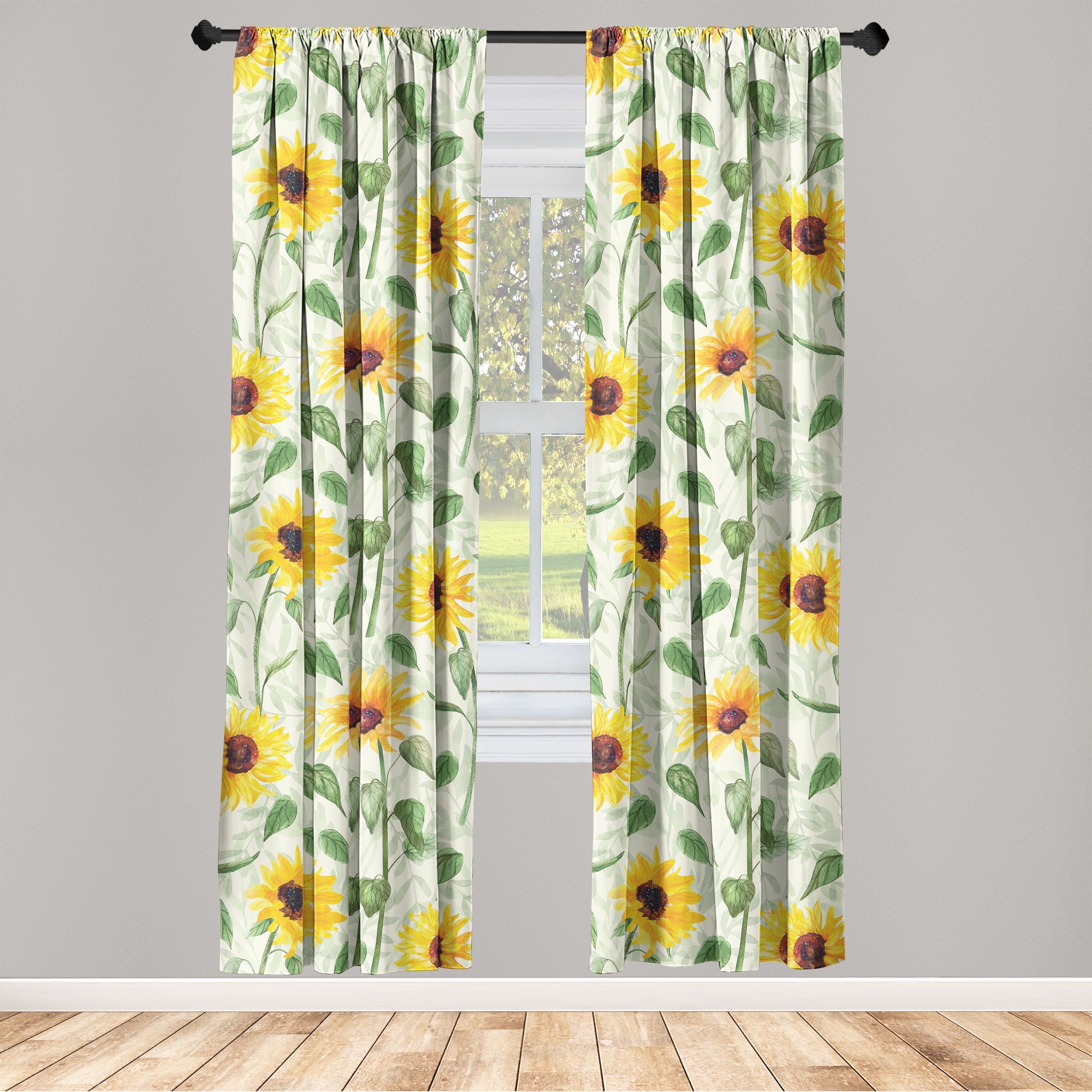 Sunflower Window Curtains, Watercolor Summer Flowers and Leaves Country ...
