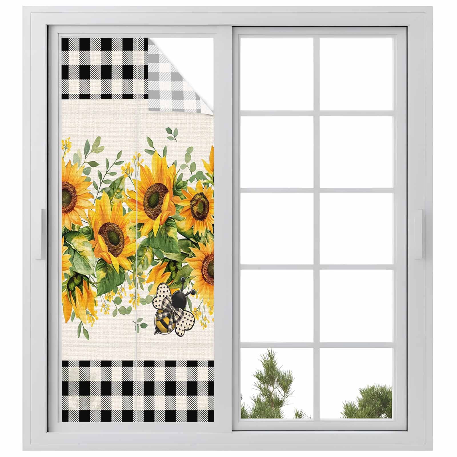 Sunflower Window Privacy Film, Summer Botanical Bee Rustic Black Plaid ...