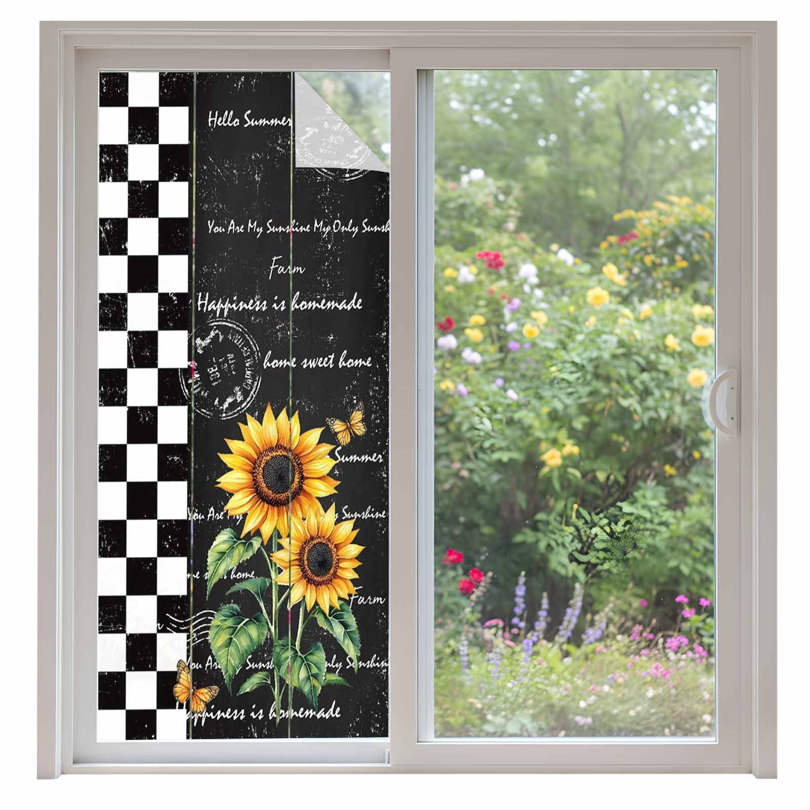 Sunflower Window Privacy Film, Summer Botanical Floral Vintage Black ...