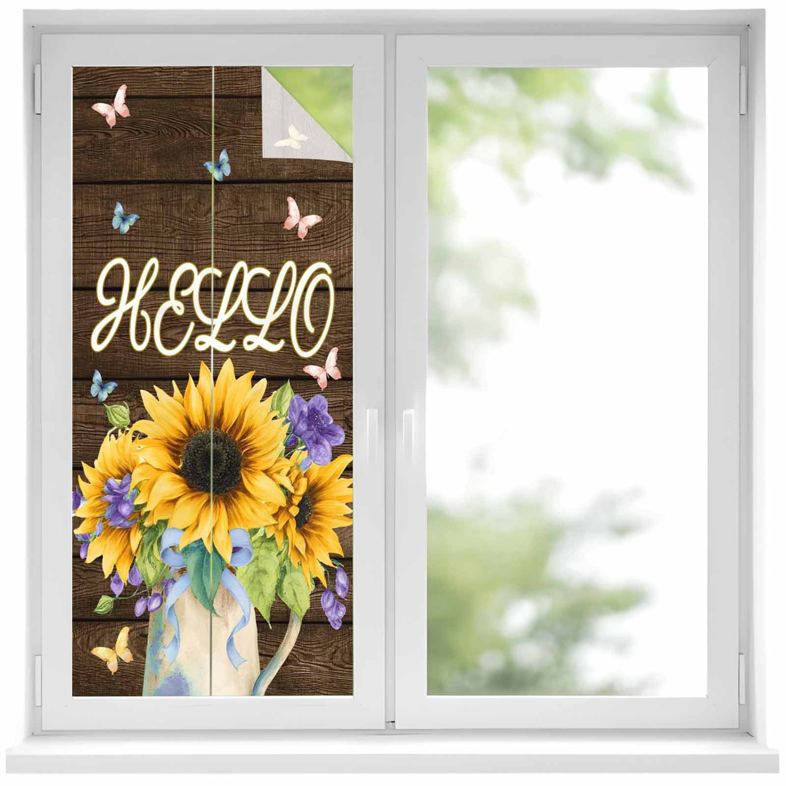 Sunflower Window Privacy Film, Yellow Flowers Summer Botanical Wooden ...