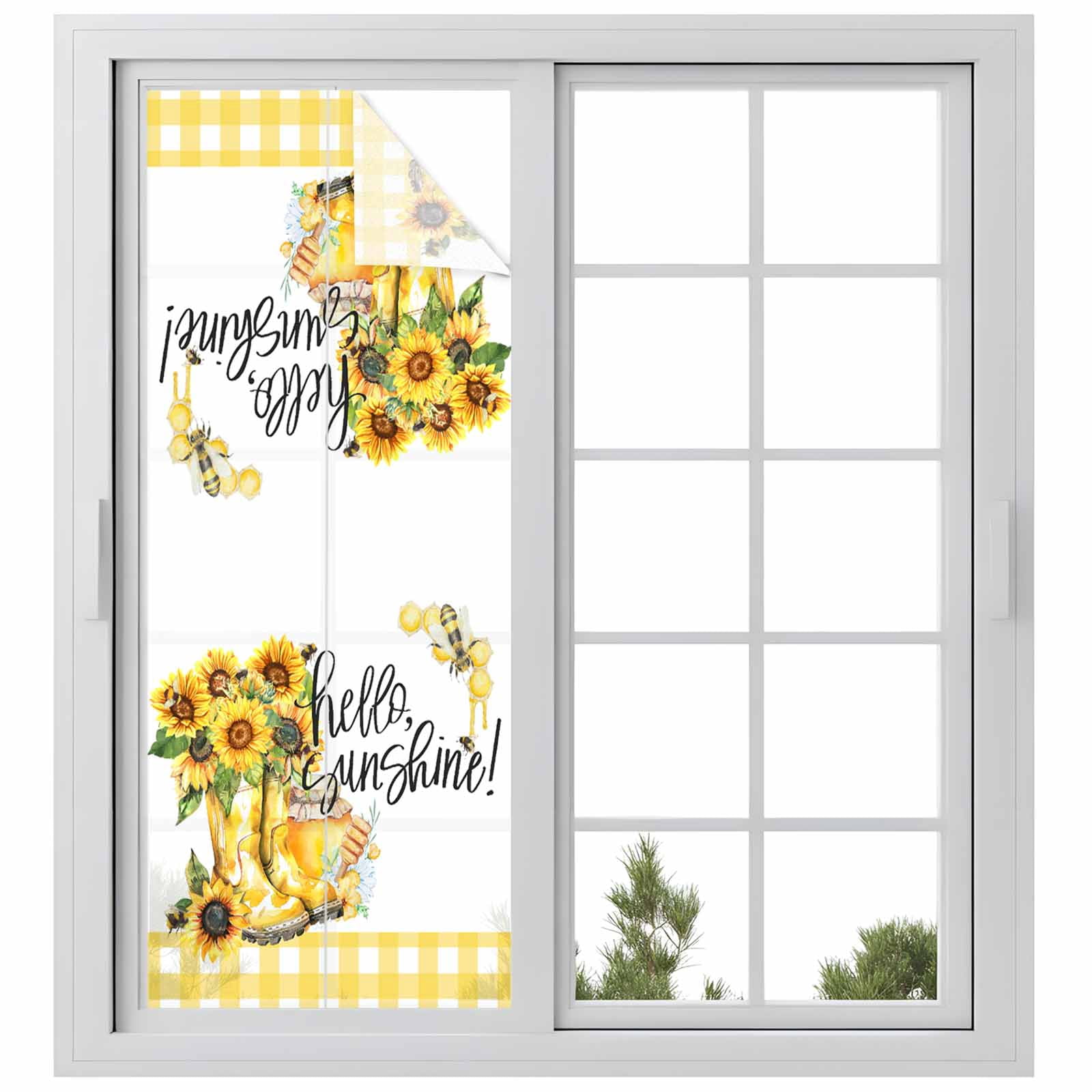 Sunflower Window Privacy Film, Yellow Plaid Watercolor Bee Floral ...