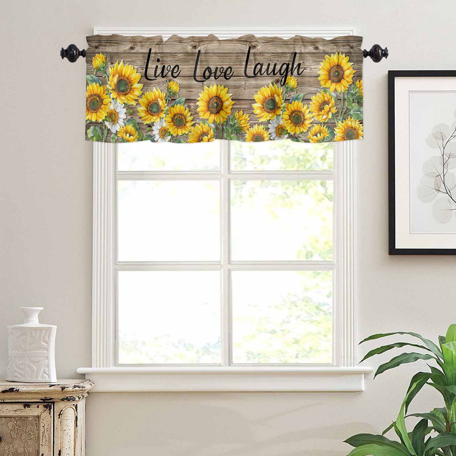Sunflower Window Valances for Kitchen, Farm Flower Vintage Brown Wood ...