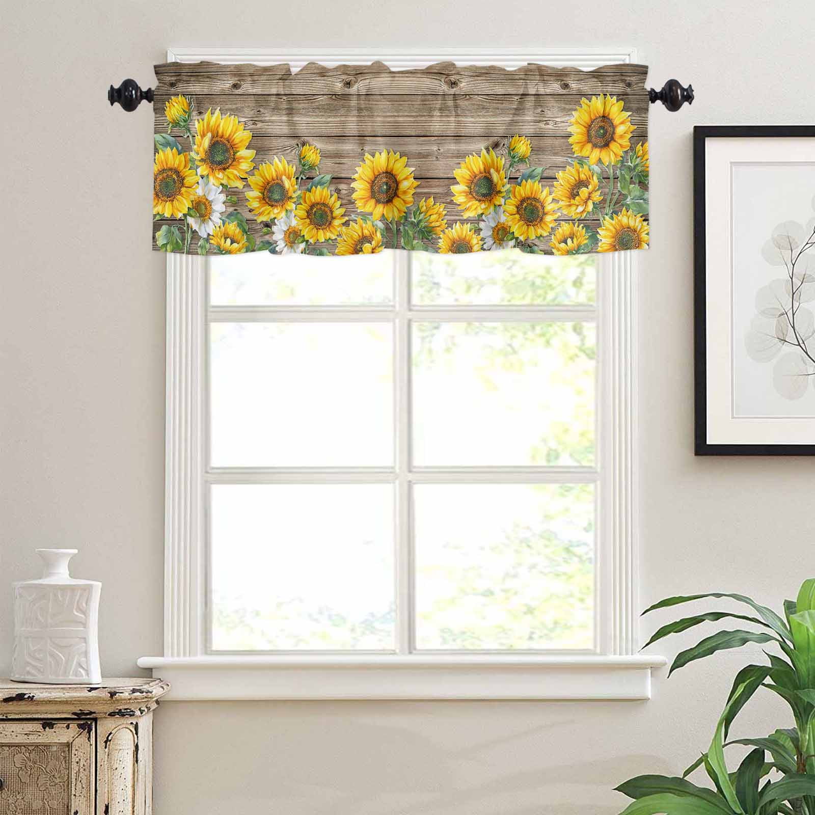 Sunflower Window Valances for Kitchen, Farm Flower Vintage Brown Wooden ...