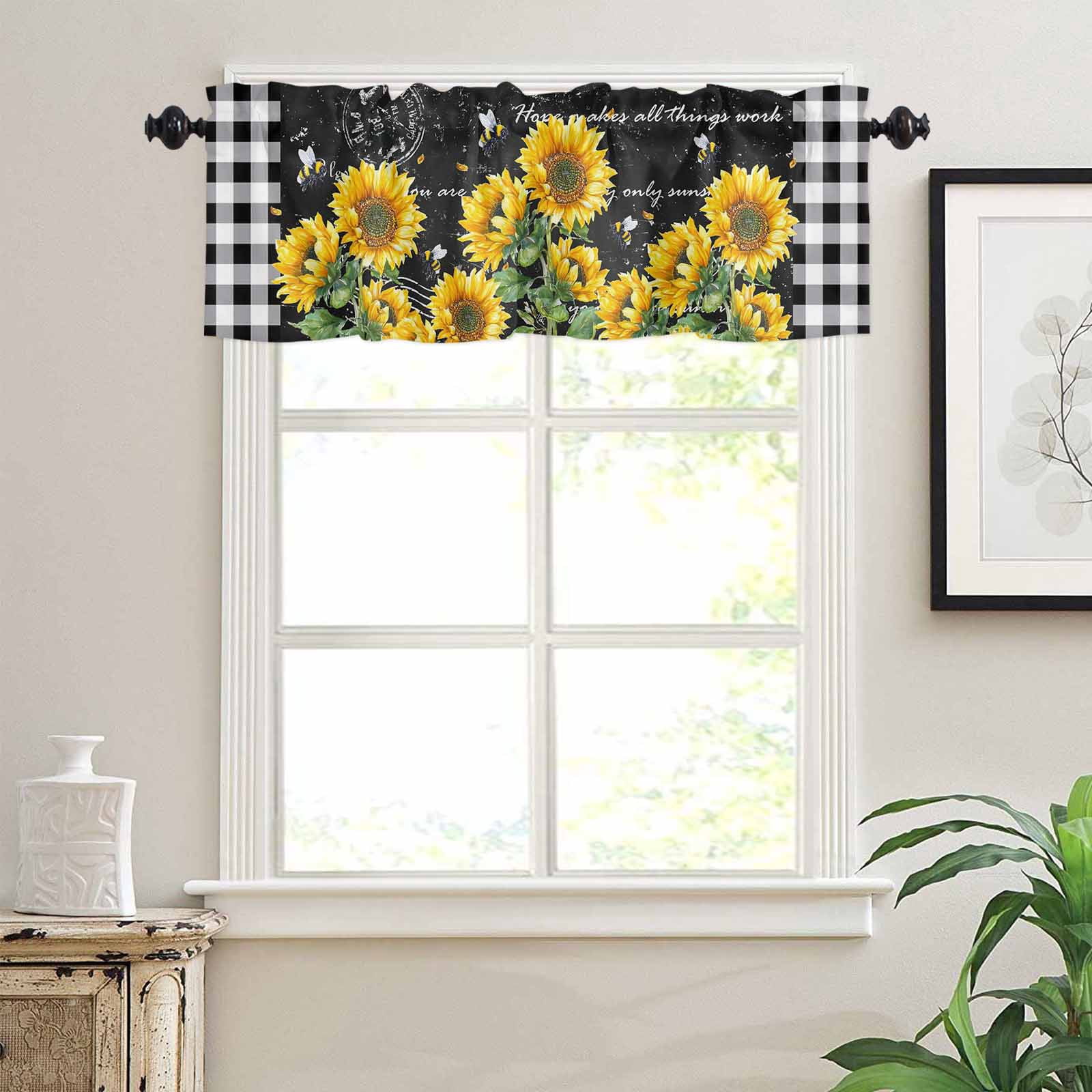 Sunflower Window Valances for Kitchen, Vintage Buffalo Plaid Farmhouse ...