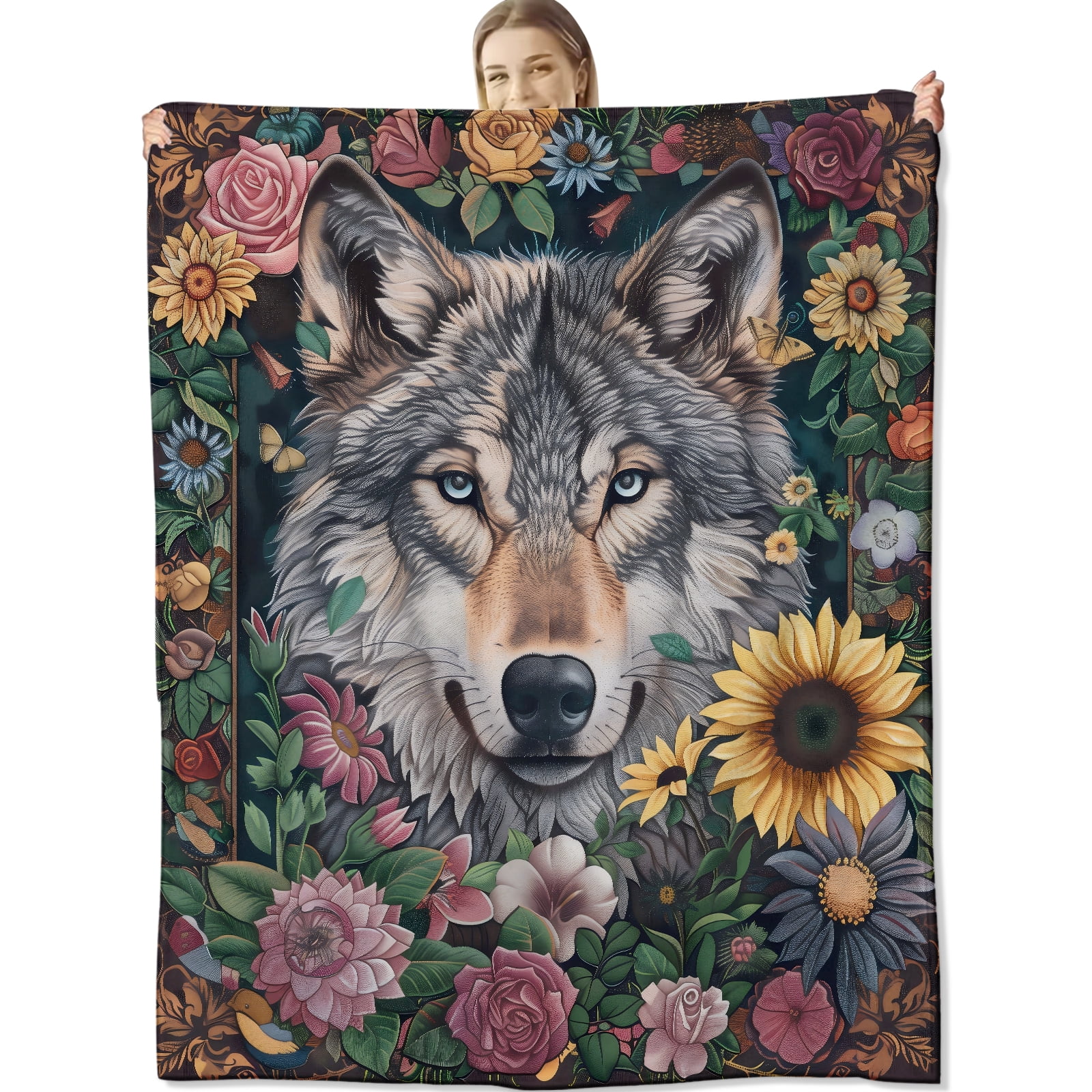 Sunflower Wolf Blanket for Kids Women Men, Flannel Sunflower Wolf ...