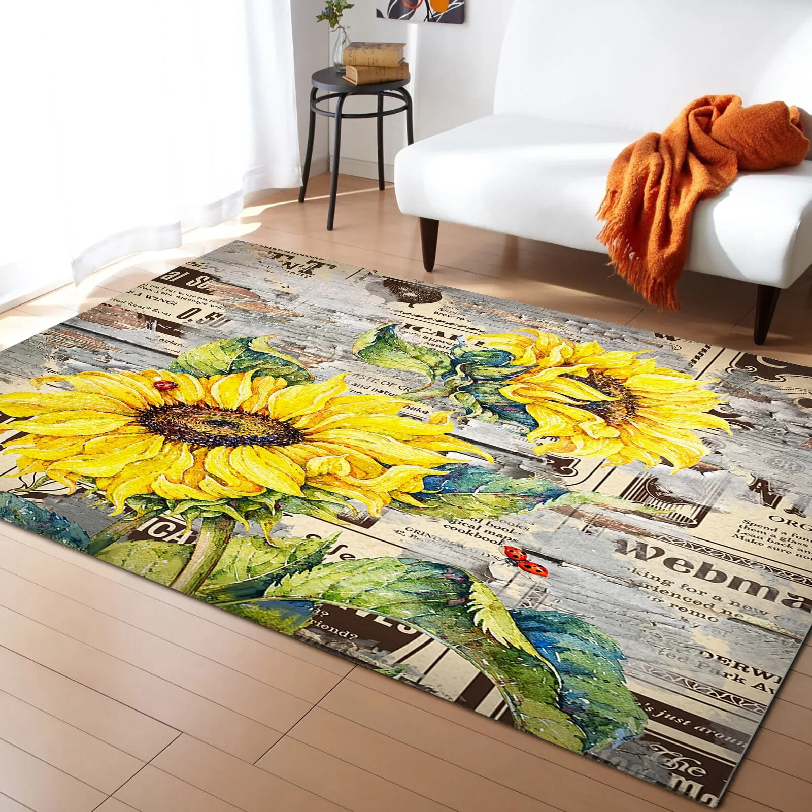 Sunflower Wood Grain Retro Plant Flower Carpet Area Rug Children's Room ...