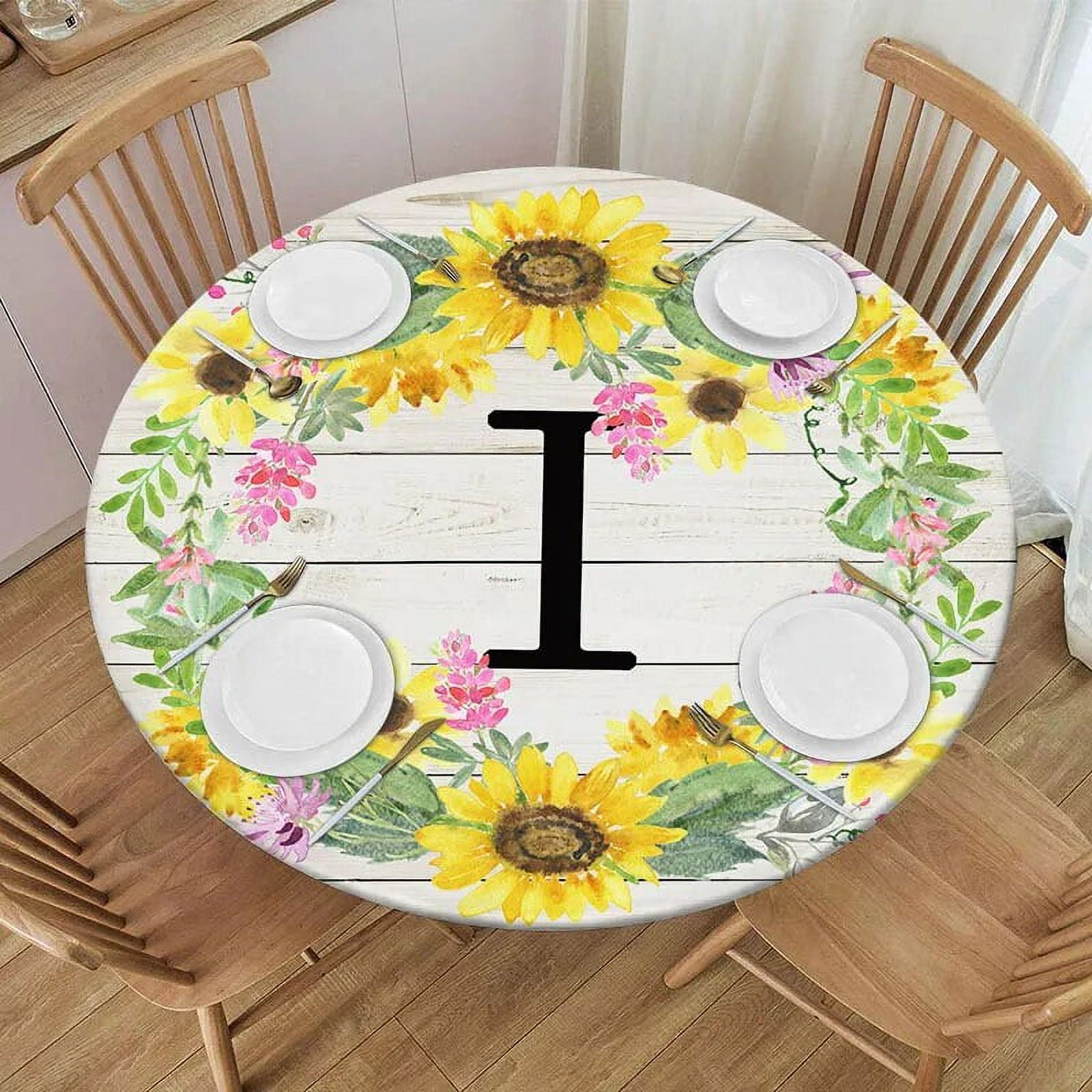 Sunflower Wooden Round Tablecloth Elastic Fitted Table Covers for ...