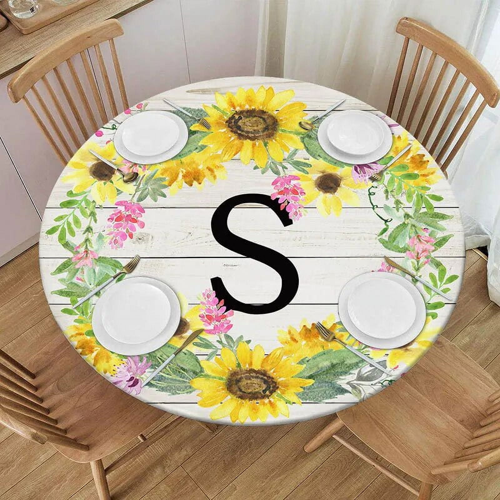 Sunflower Wooden Round Tablecloth Elastic Fitted Table Covers for ...