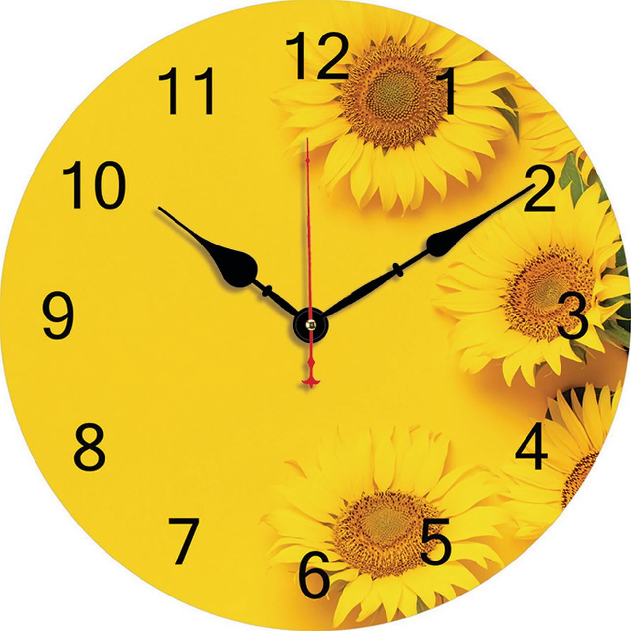 Sunflower Yellow Flowers Wall Clock Kitchen Decor Wall Art Silent Large ...