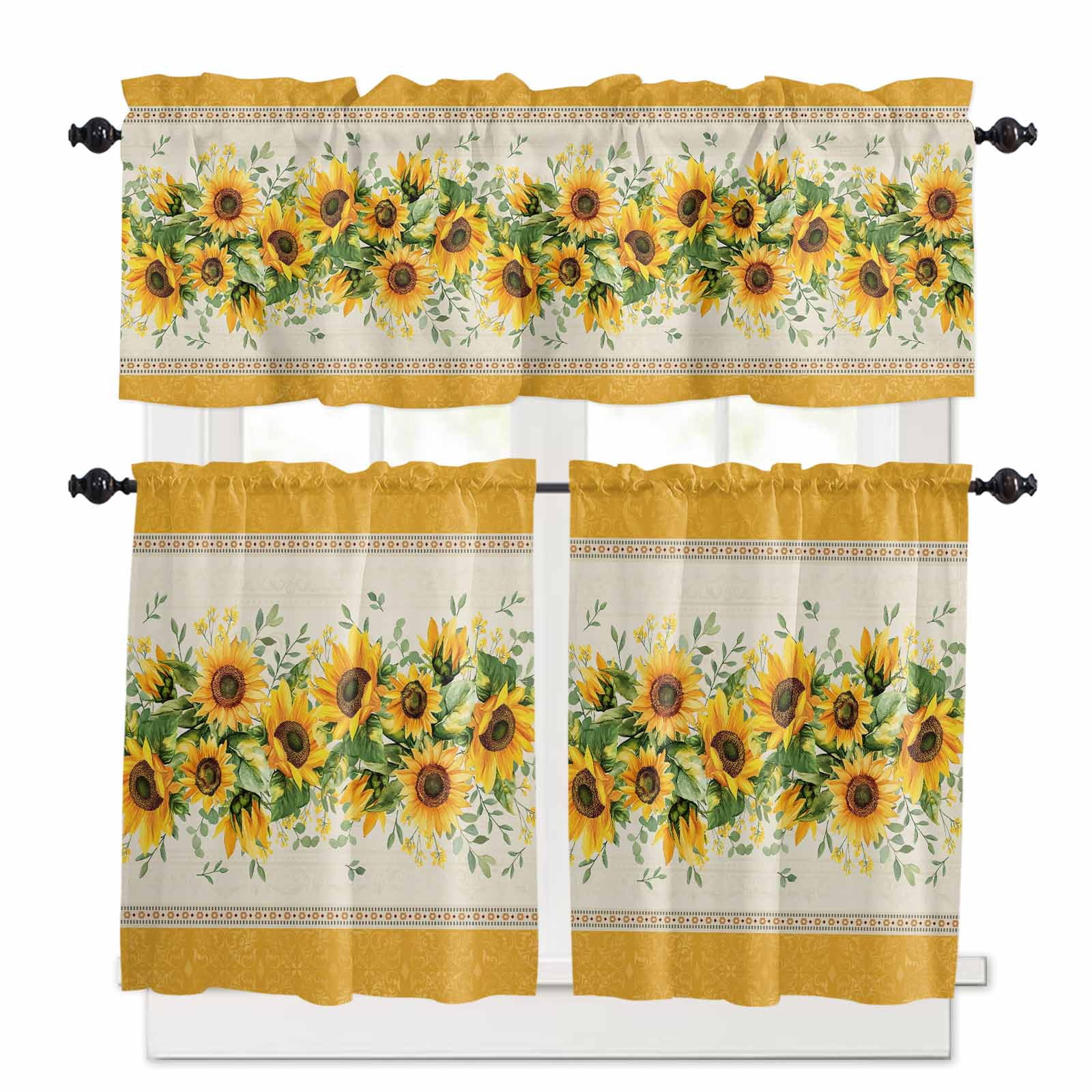 Sunflower Yellow Kitchen Curtains Set for Windows 3 Pieces,36 Inch ...