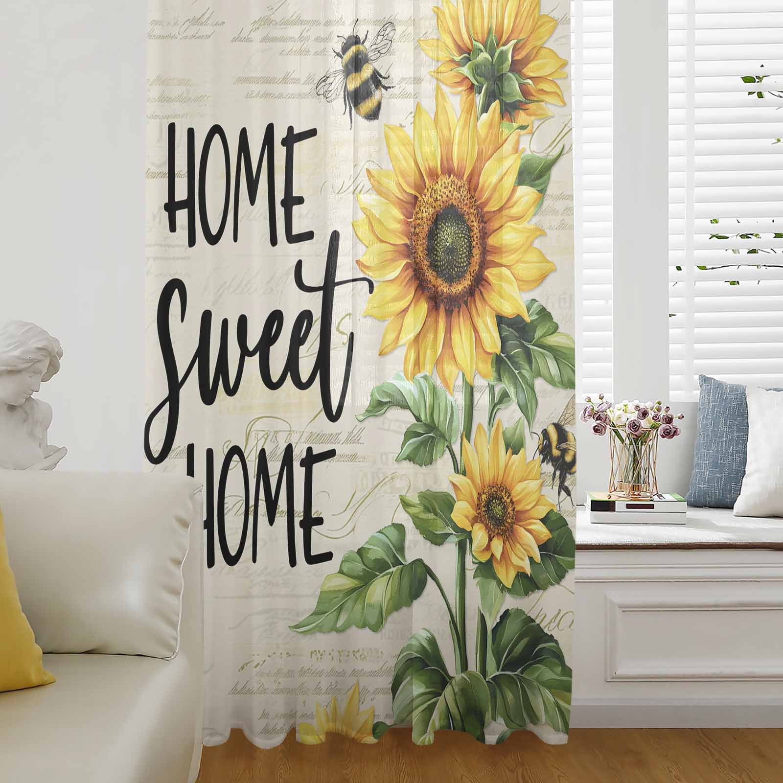 Sunflower Yellow Window Curtain 63 Inches Long,Farmhouse Bee Country ...