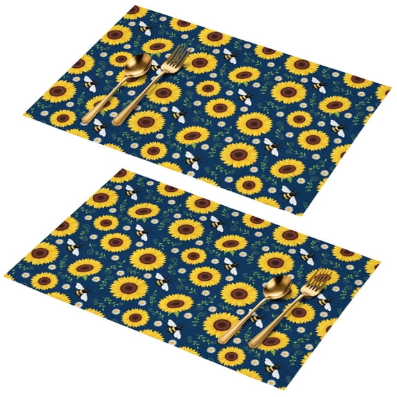 Sunflower and Bee Blue Pattern PVC Woven Placemats Set Of 2, Retro ...