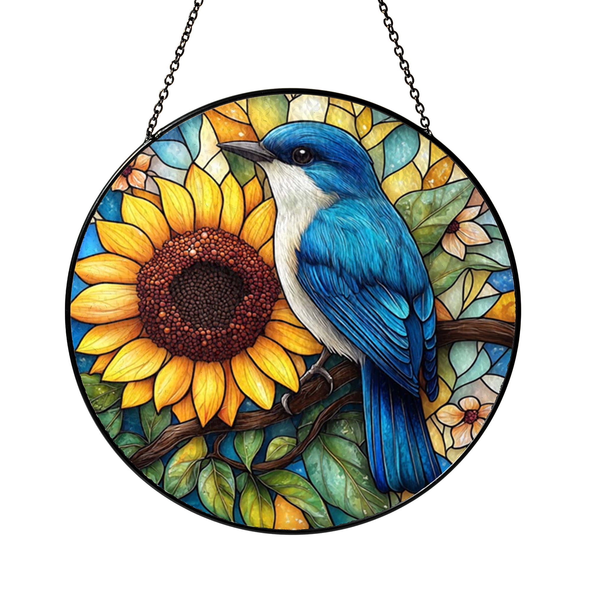 Sunflower and Blue Bird Rustic Stained Glass Suncatcher, Garden Window ...
