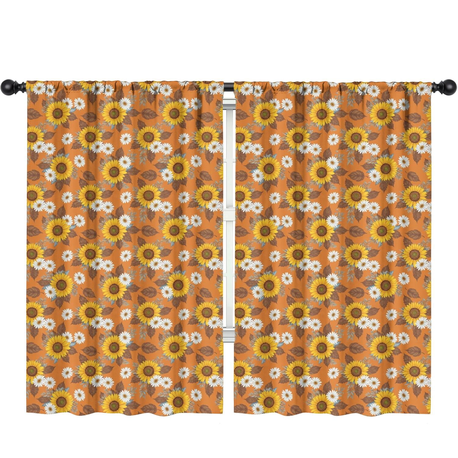 Sunflower and Daisy Orange Pattern Insulated Teens Curtains Set Of 2 ...