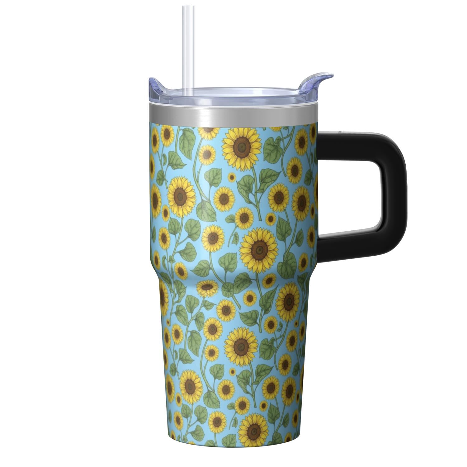 Sunflower and Leaf Blue Pattern 20oz Insulated Tumbler, Stainless Steel ...