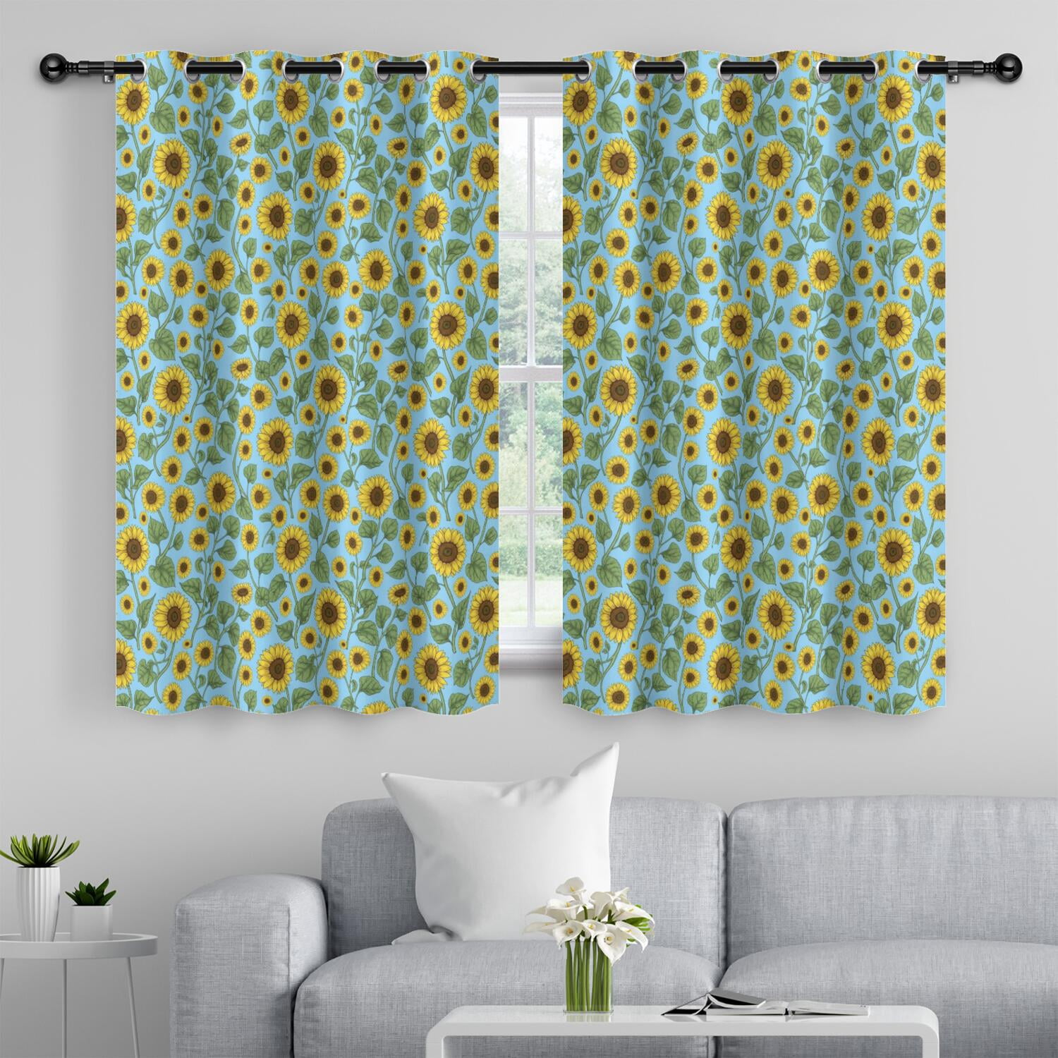 Sunflower and Leaf Blue Pattern Blackout Curtains,Triple Weaved Fabric ...