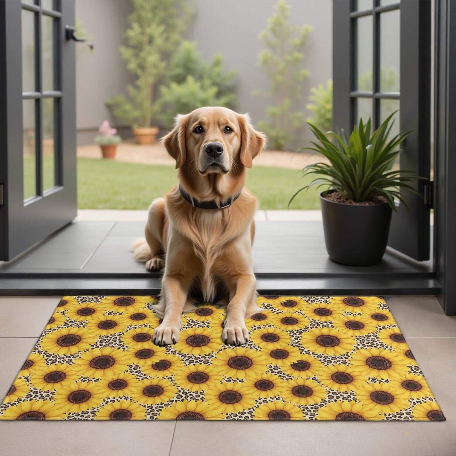 Sunflower and Leopard White Pattern Washable Non Slip Indoor Door Mat ...