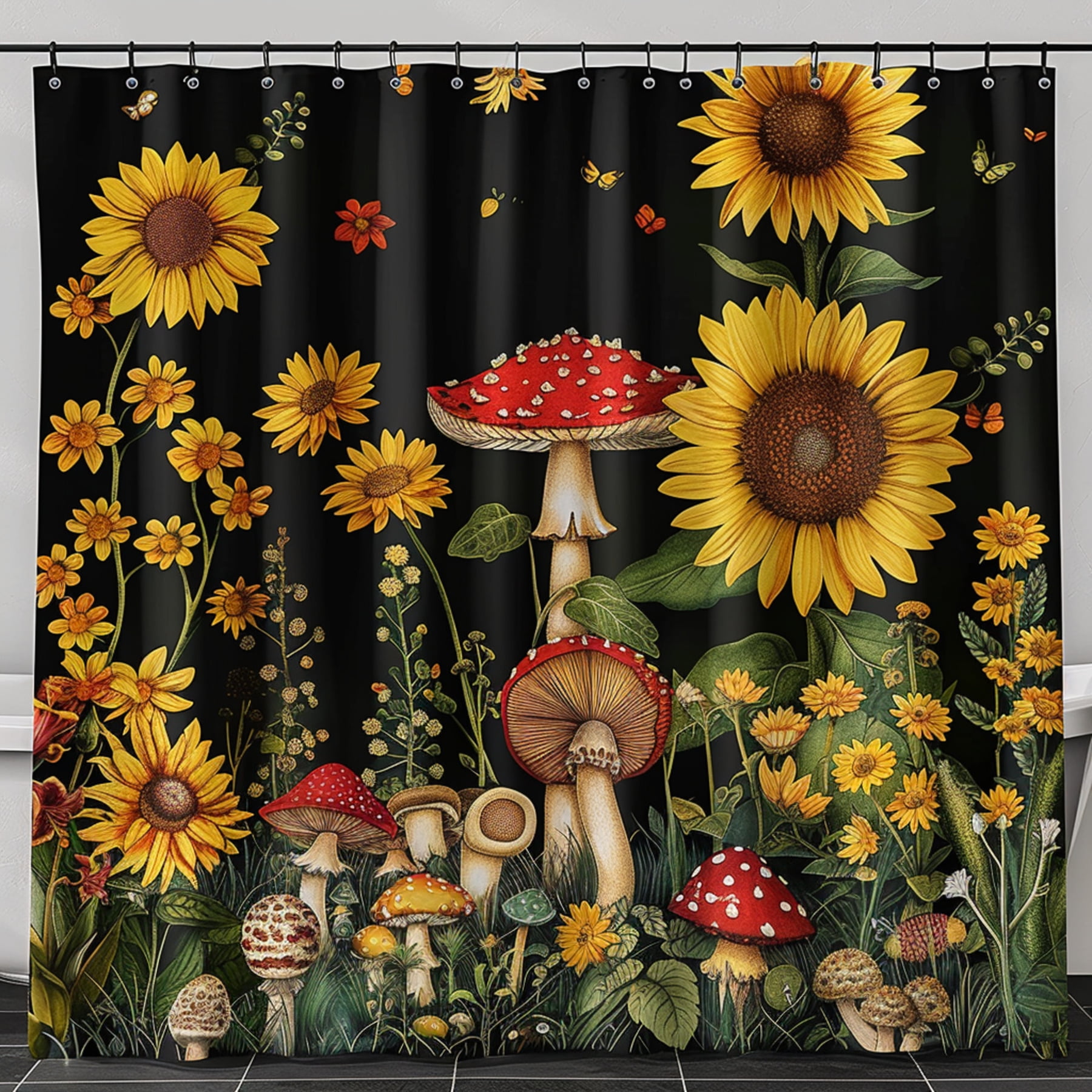 Sunflower and Mushroom Patterned Shower Curtain Enchanting Design ...
