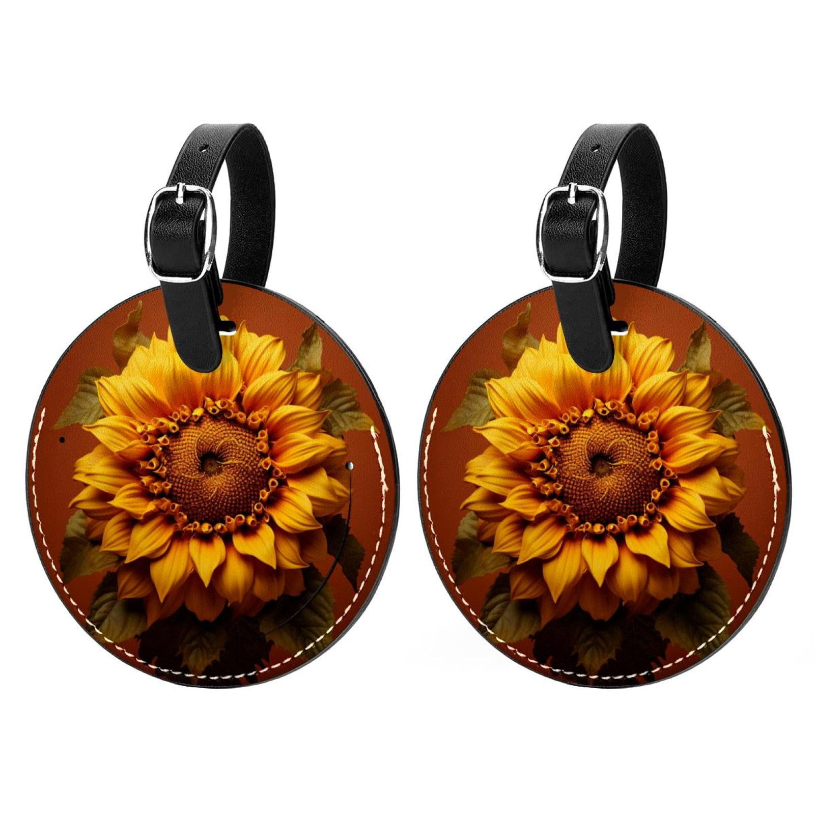Sunflower seamless printing 2Pcs PU Leather Round Luggage Tags with ...