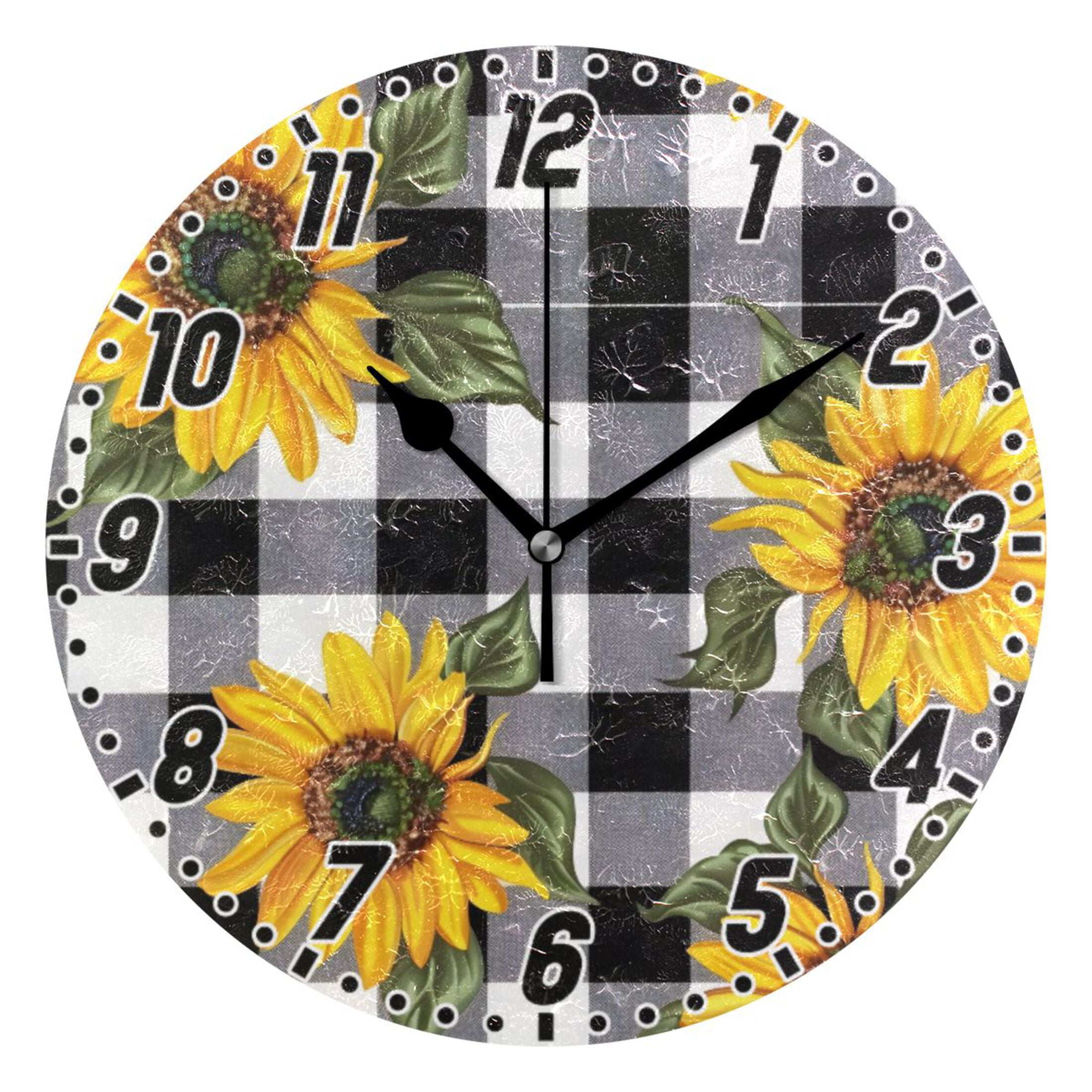 Sunflower with Black White Plaid Wall Clock 9.8 inch Battery Operated ...