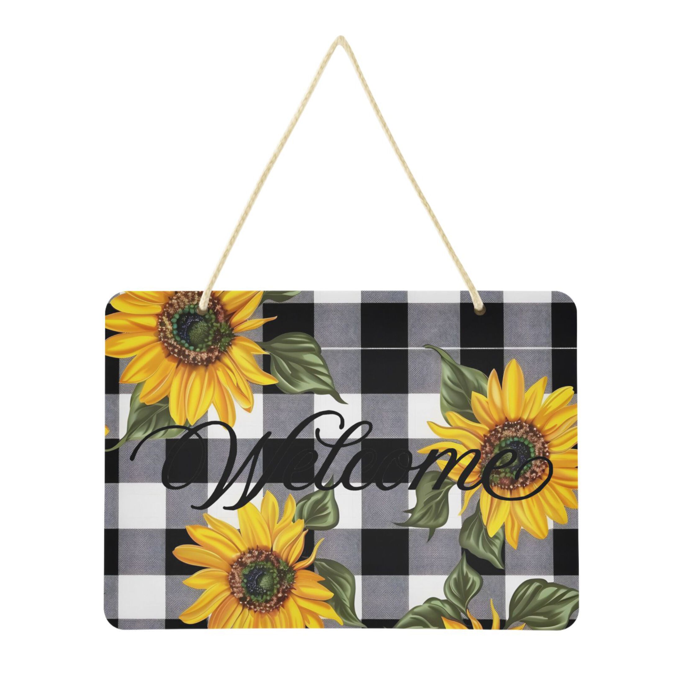 Sunflower with Black White Plaid Welcome Sign Front Door PVC 14x10 inch ...