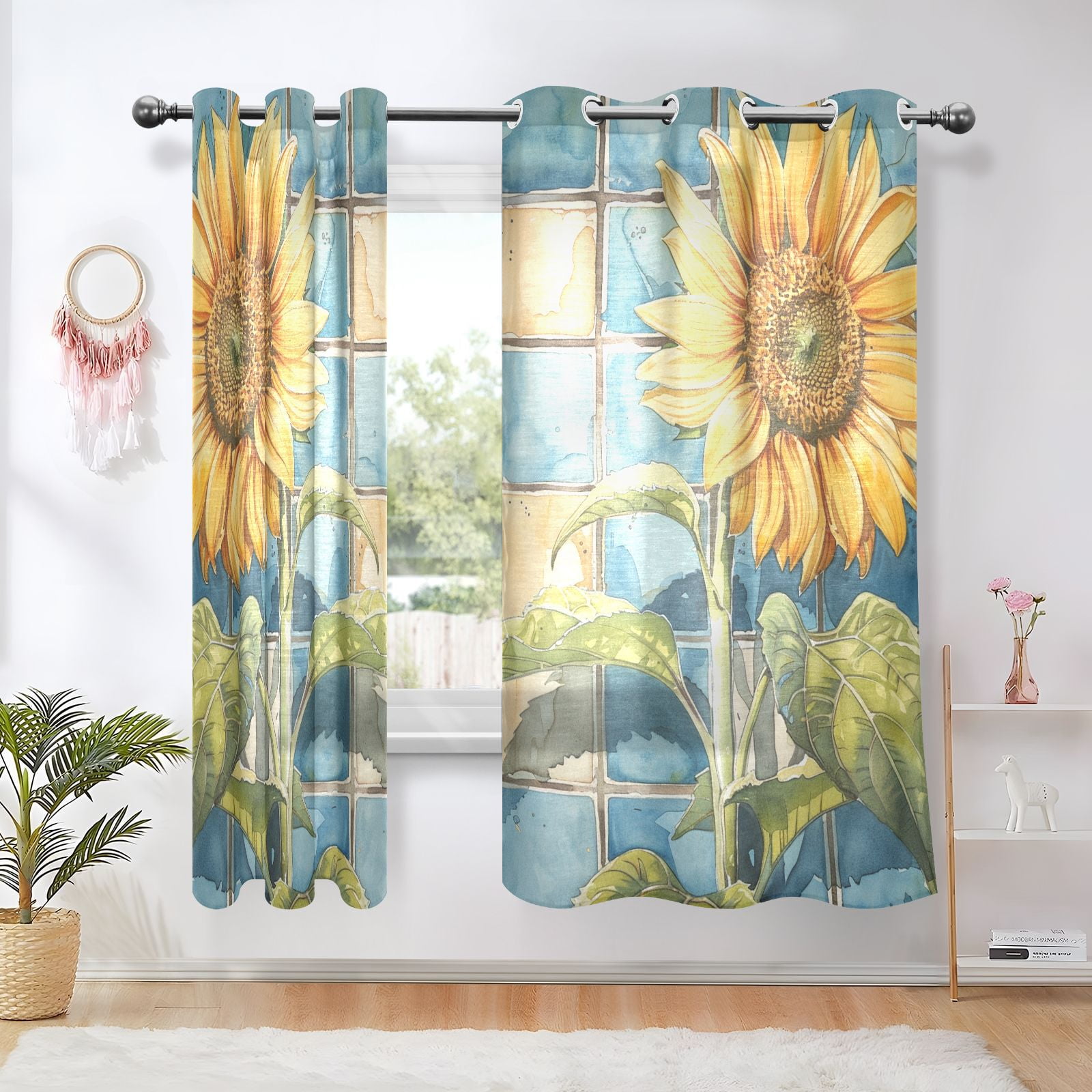 Sunflower with Grids Blackout Curtains Thermal Insulation 63 inch ...