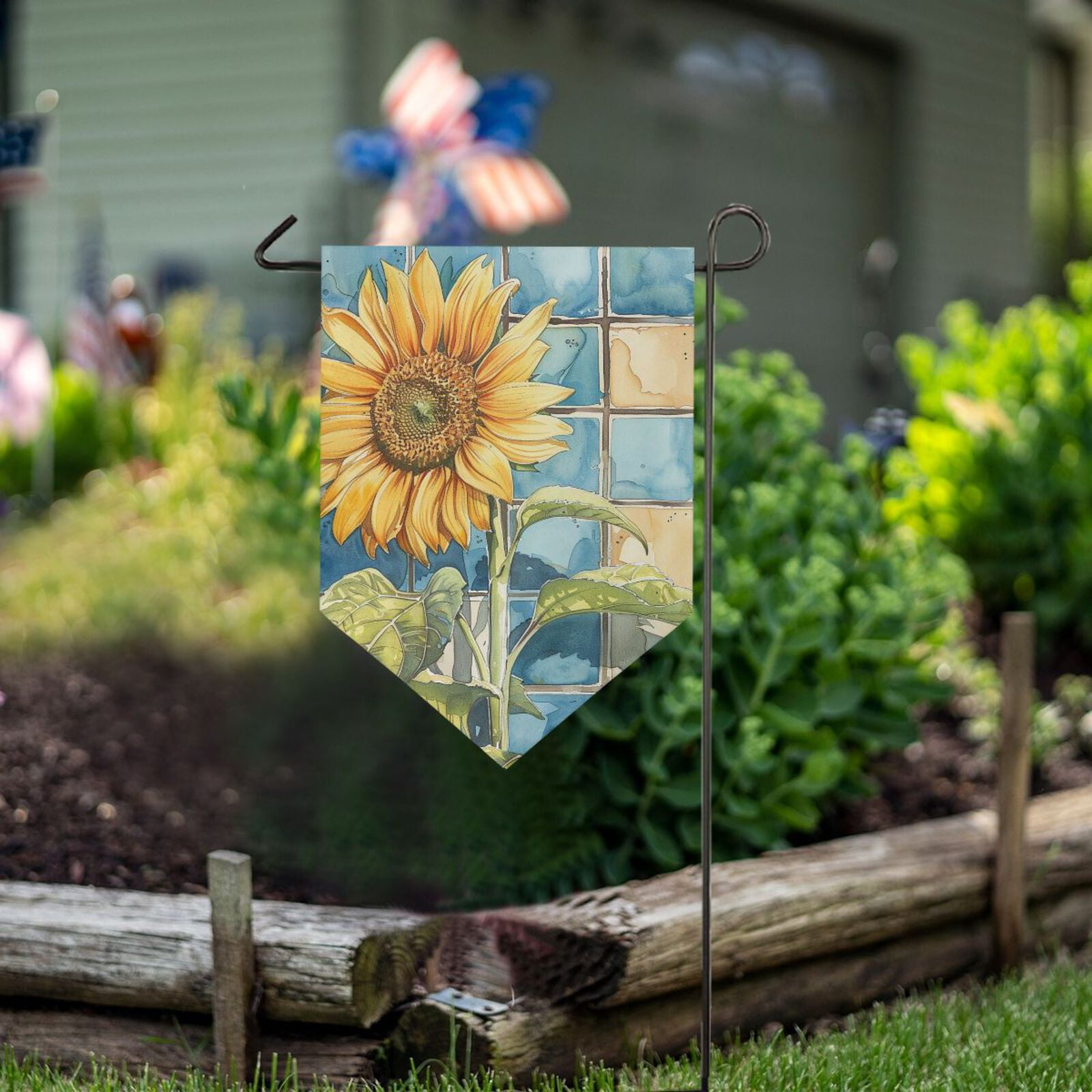 Sunflower with Grids Garden Flag 18" x 12.5" Double Sided Yard Lawn ...