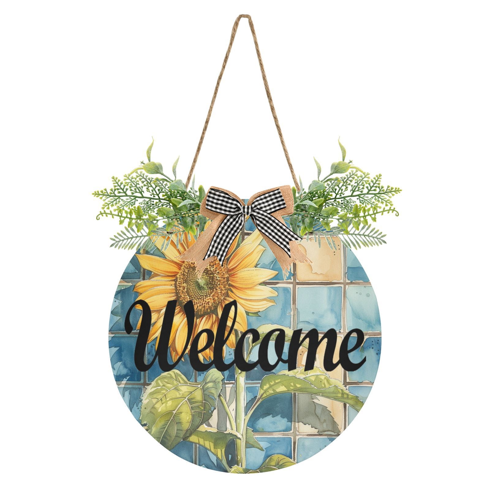 Sunflower with Grids Welcome Sign for Front Door Wreath Door Sign for ...