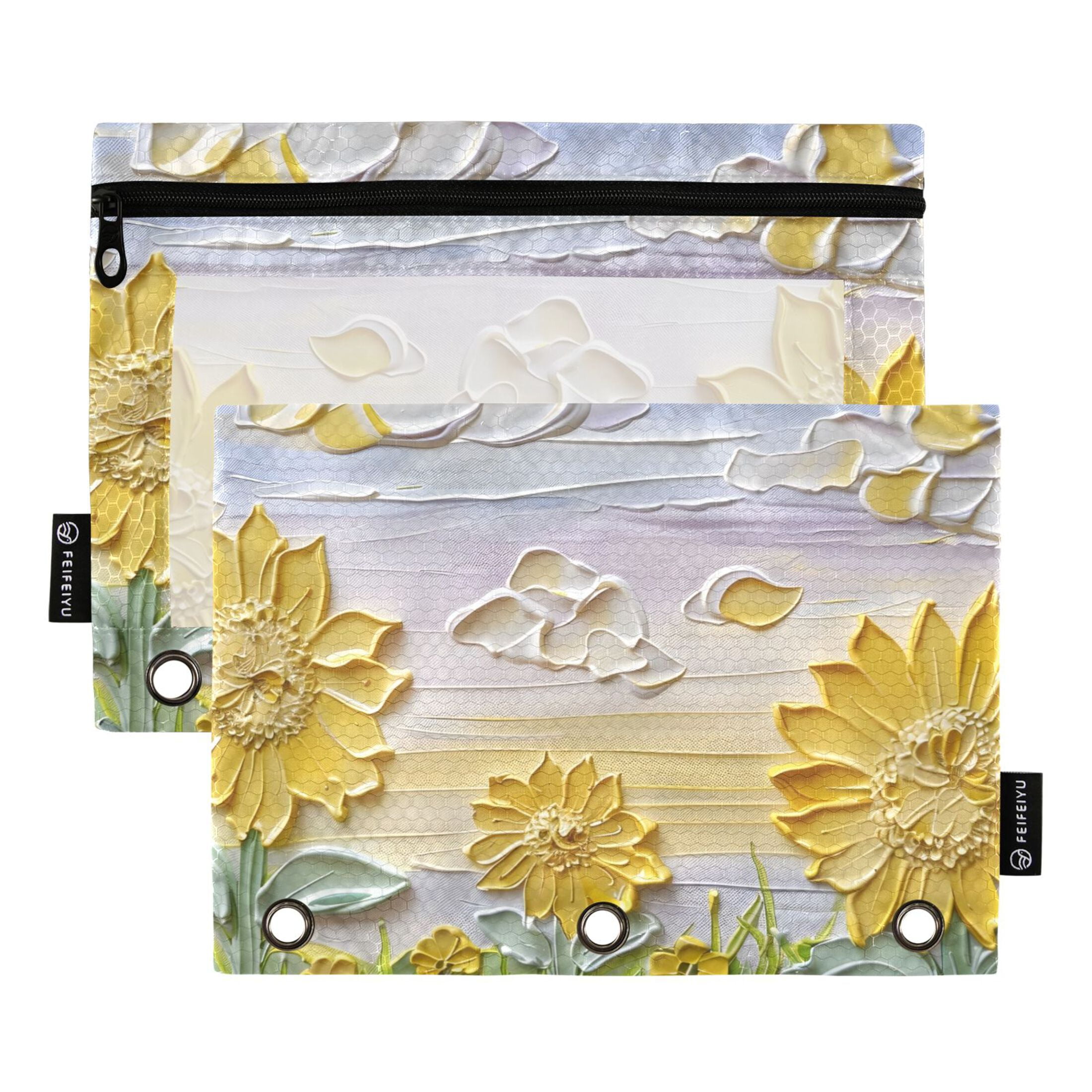 Sunflowers 3d Embossed Oil Painting Binder Pouches Zipper Pocket ...