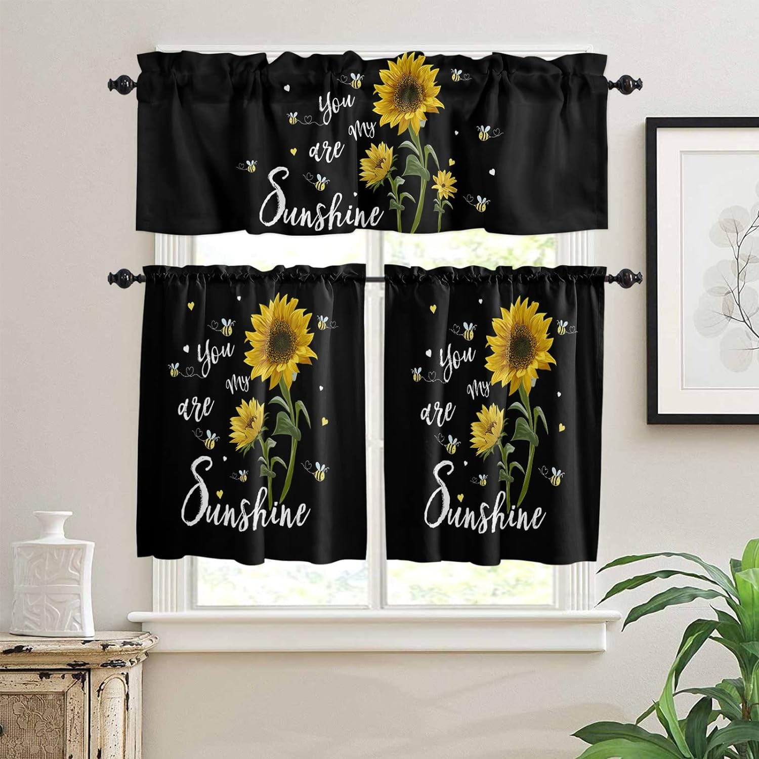 Sunflowers 3pcs Kitchen Curtain Valance and Tiers Set, Small Window ...