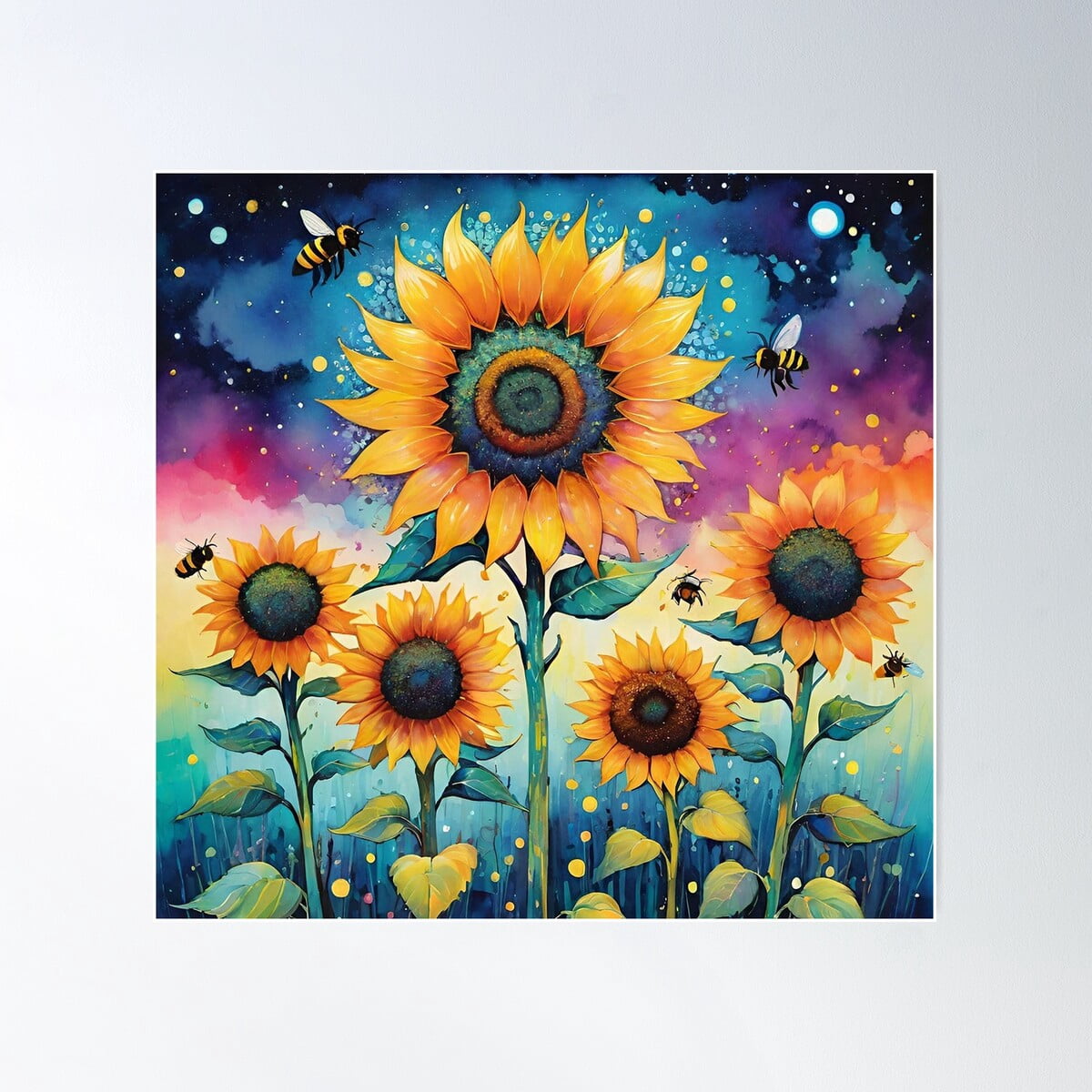 Sunflowers And Bumble Bees Poster Wall Art, Modern Wall Decor For ...