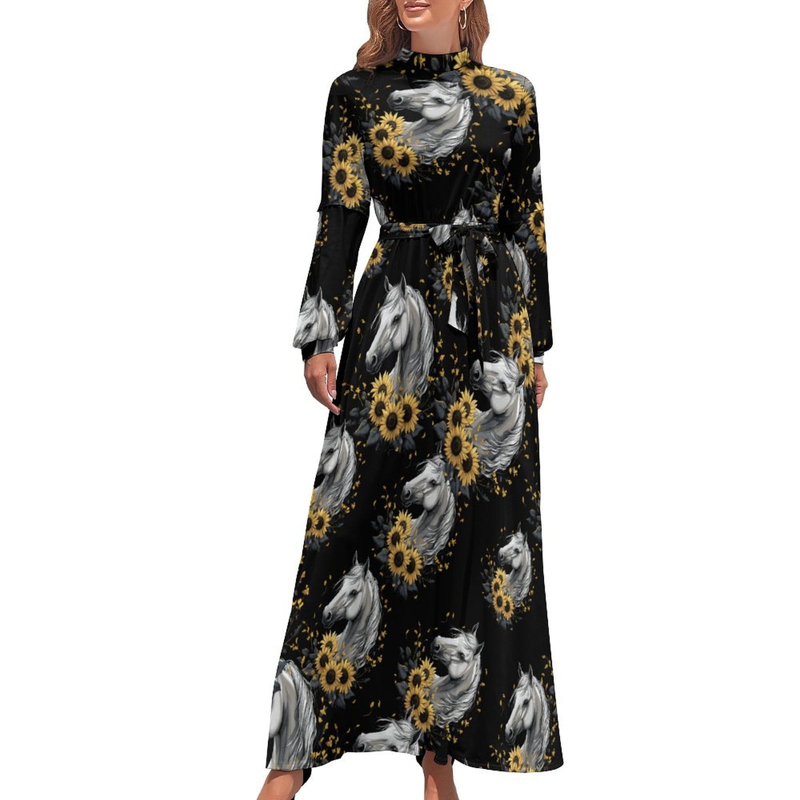 Sunflowers And Horse Women's Fall Maxi Dress Long Sleeve Turtleneck ...