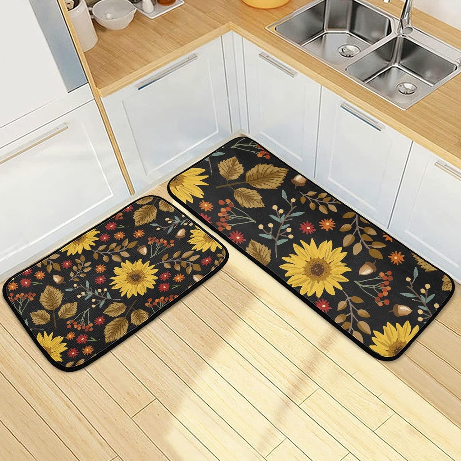 Sunflowers Autumn Leaves Kitchen Rugs Set of 2, Pine Cone Floor Runner ...