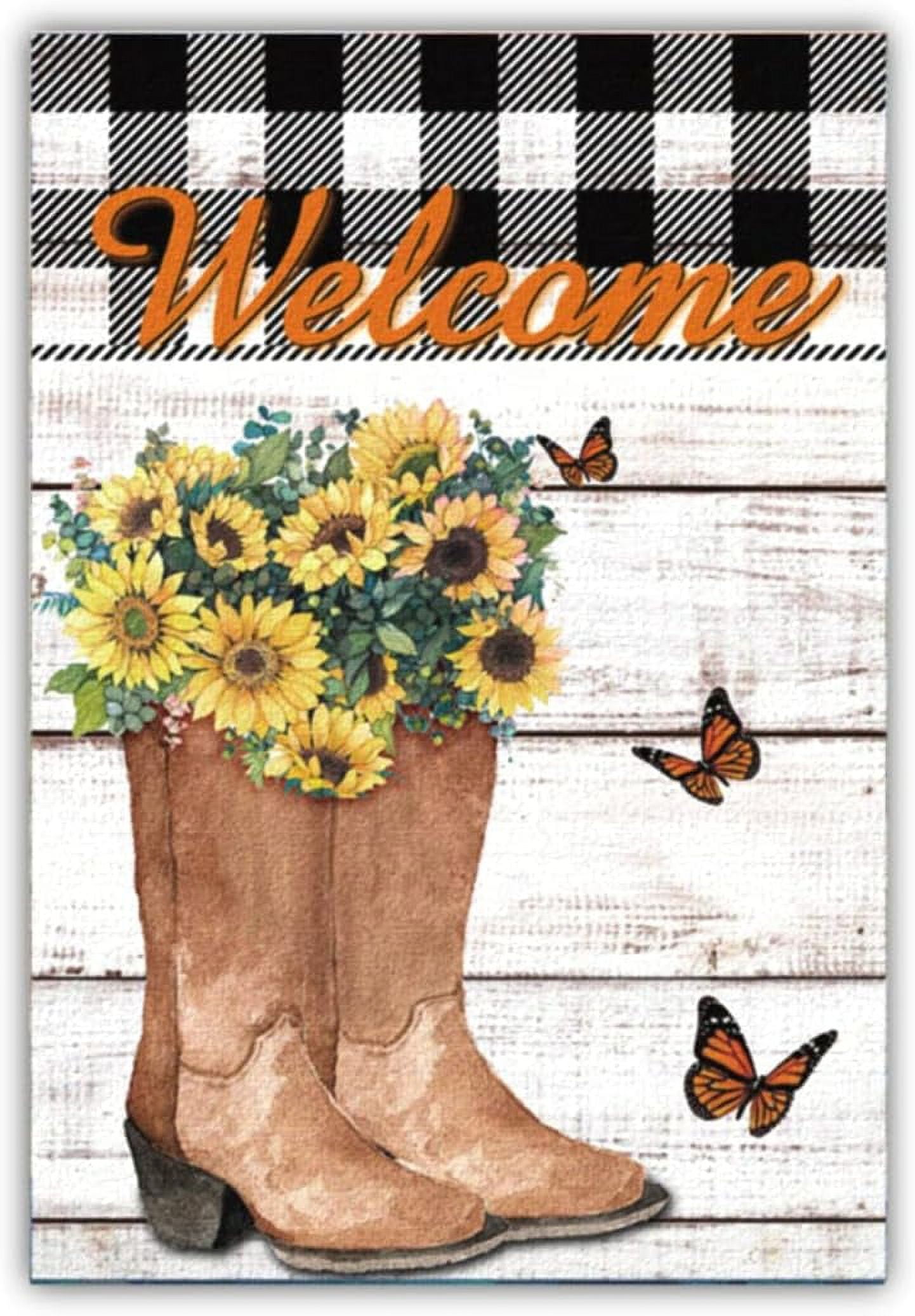 Sunflowers in Boots Welcome Garden Flag, Rustic Wood Board and Buffalo ...