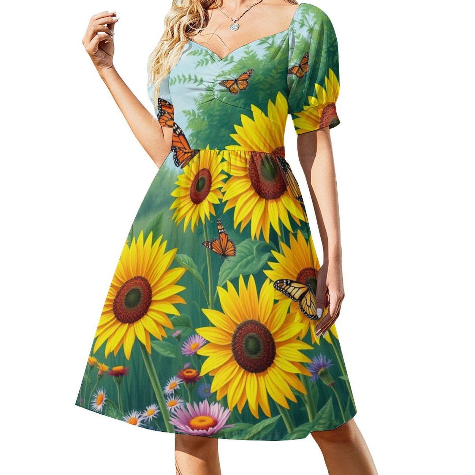 Sunflowers Butterflies Beauty Short Sleeved Dress Womans Clothing Beach ...