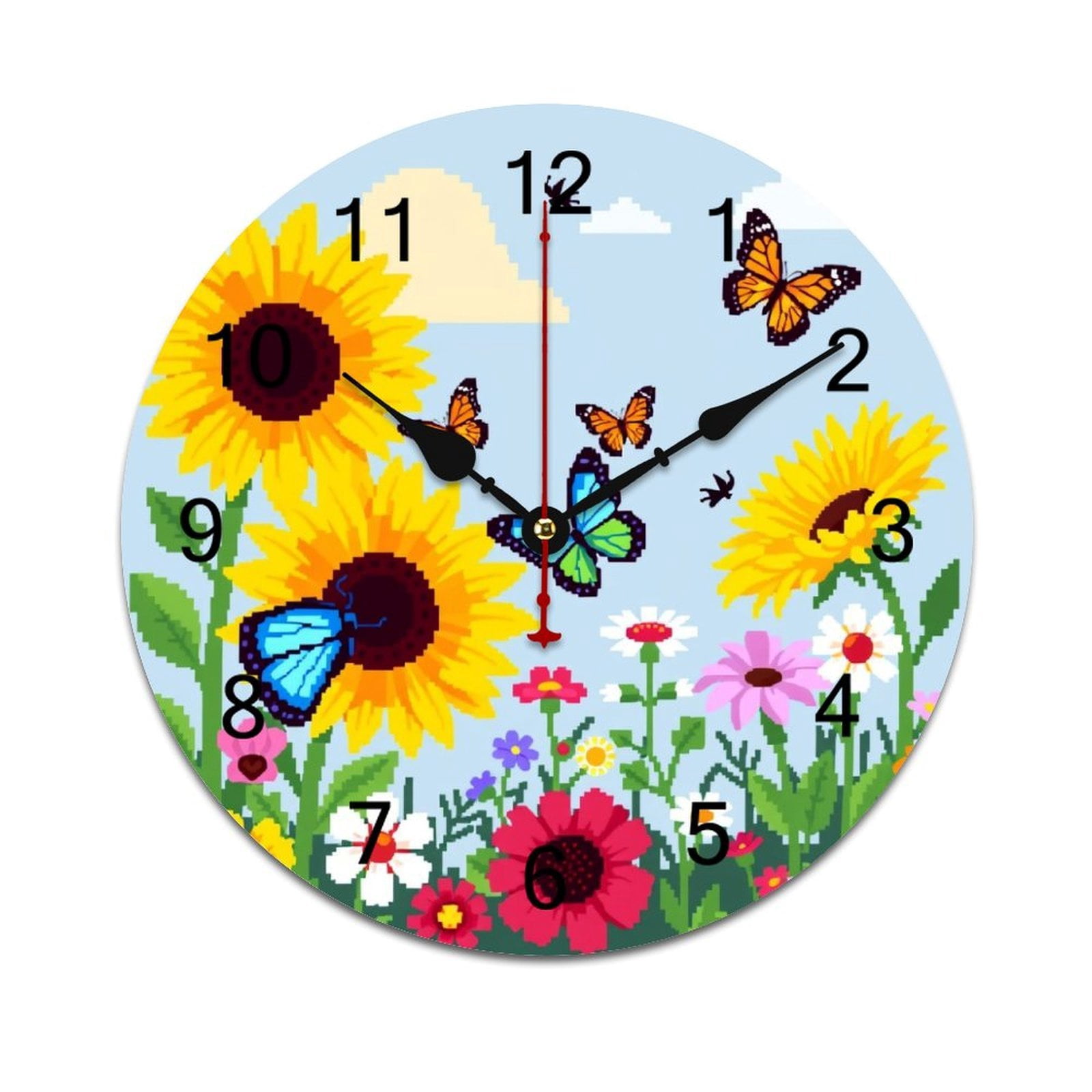 Sunflowers Butterflies Flowers Silent Wall Clock Movement Battery Clock ...
