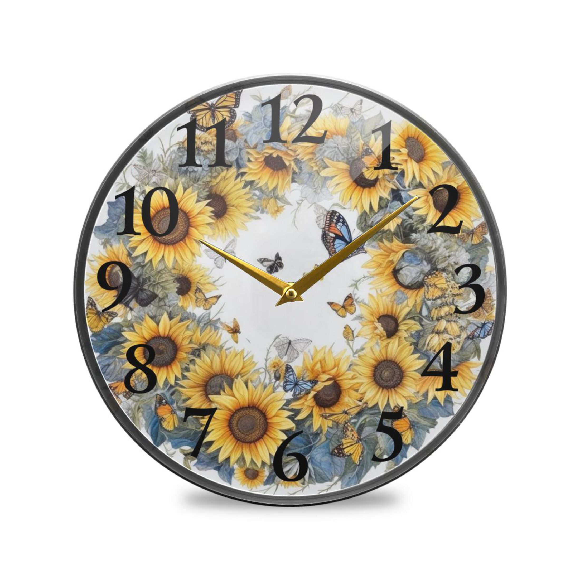 Sunflowers Butterfly Wall Clocks Battery Operated 11.9 Inch Round Clock ...