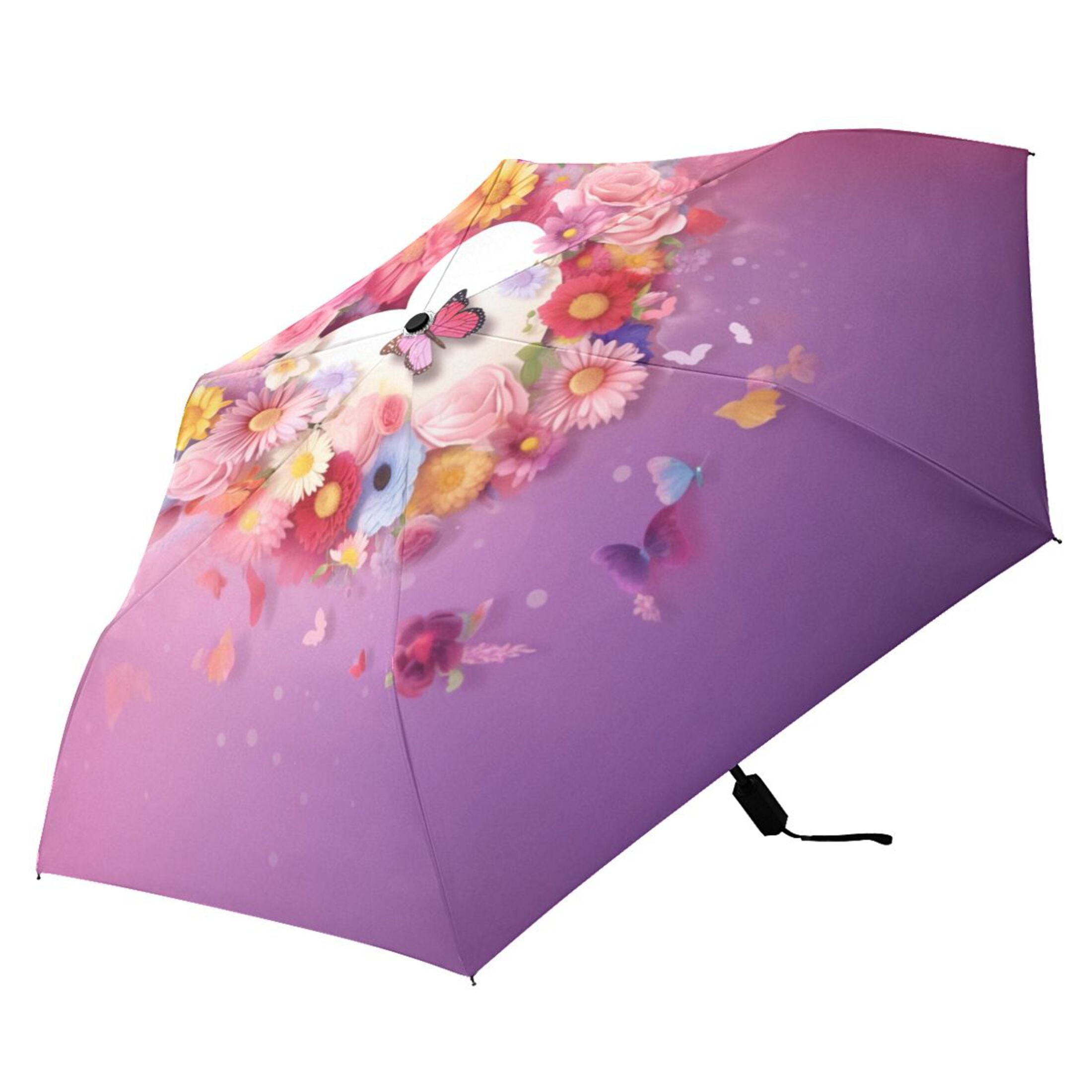 Sunflowers Butterfly on Pink Compact Folding Umbrella for Rain ...