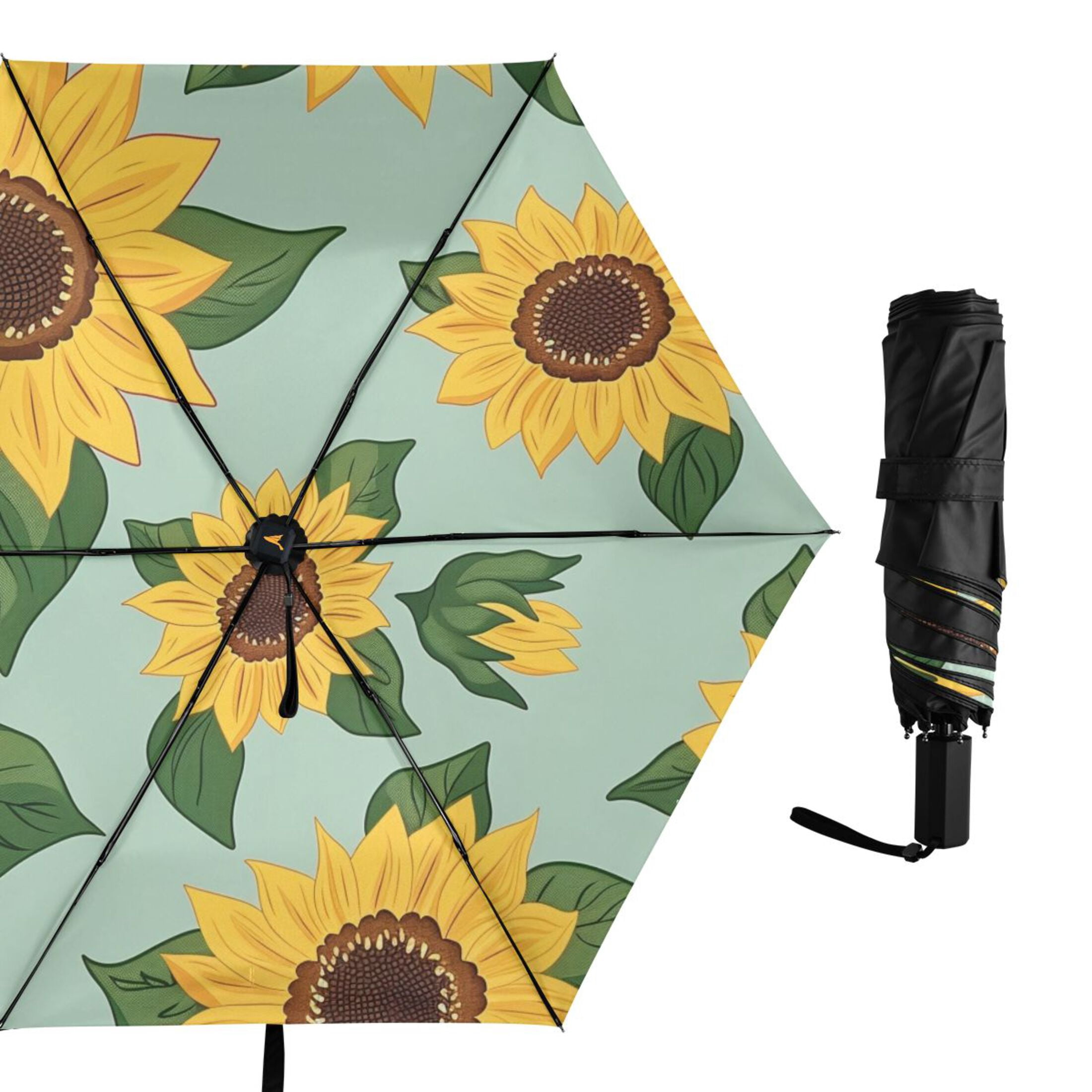 Sunflowers Cartoon Style Triple Folding Umbrella Parasol 6 Ribs UV ...