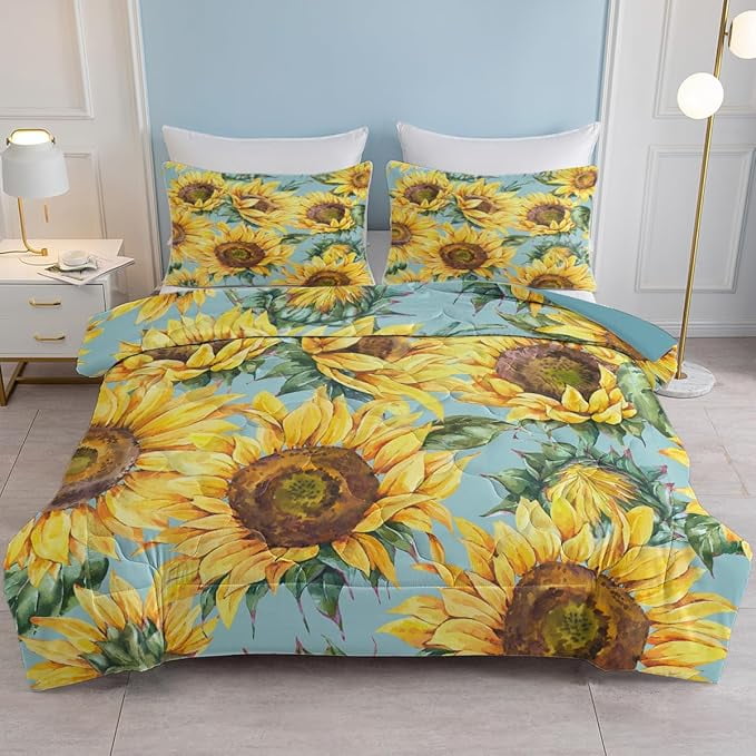 Sunflowers Comforter Set Queen Floral Botanical Yellow Sunflower Quilt ...