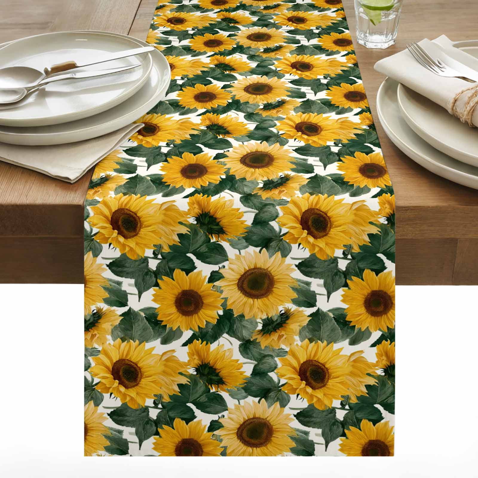 Sunflowers Cotton Linen Table Runner Country Watercolor Yellow ...