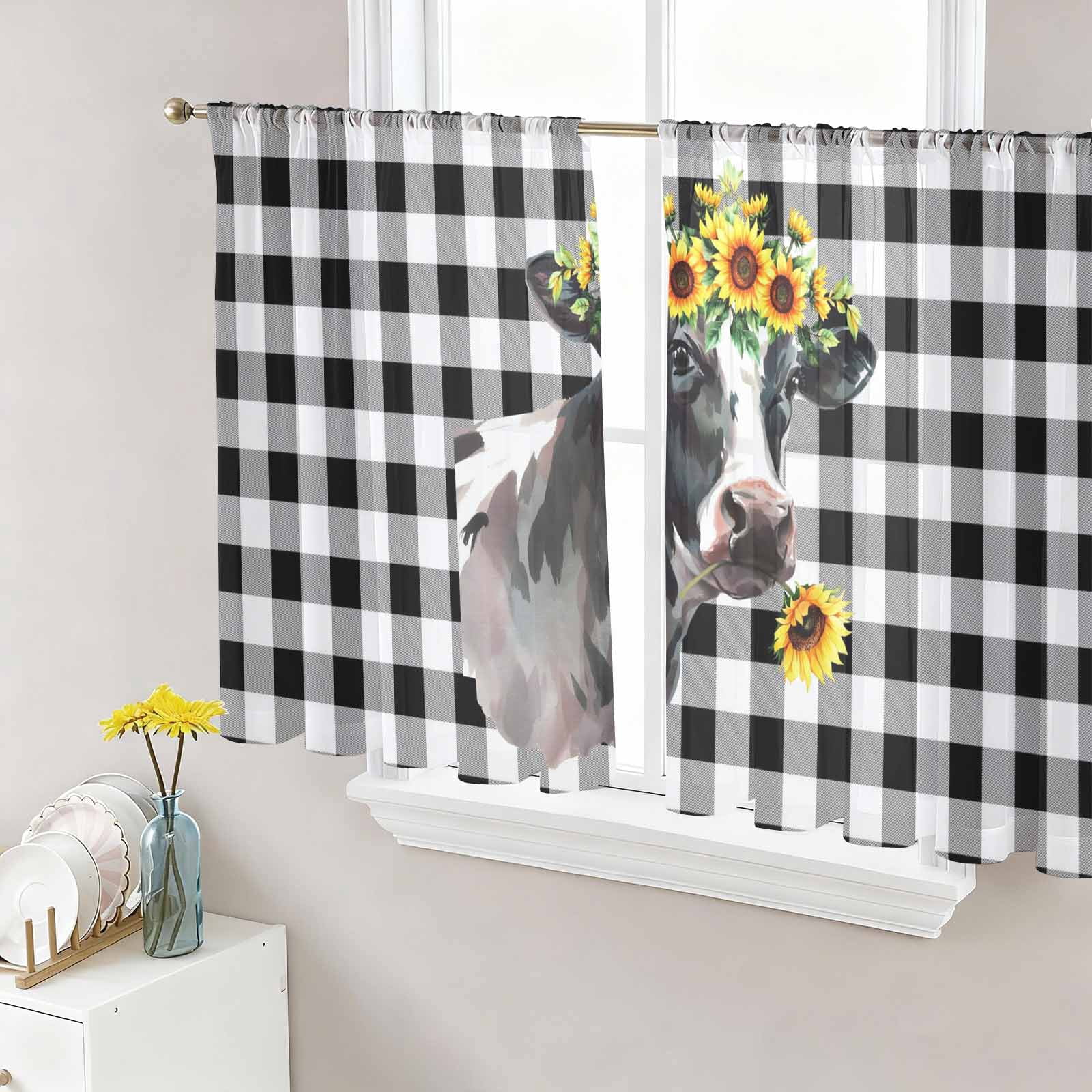 Sunflowers Cow Sheer Curtains 45 Inch Length 2 Panels Set, Farm Animal ...