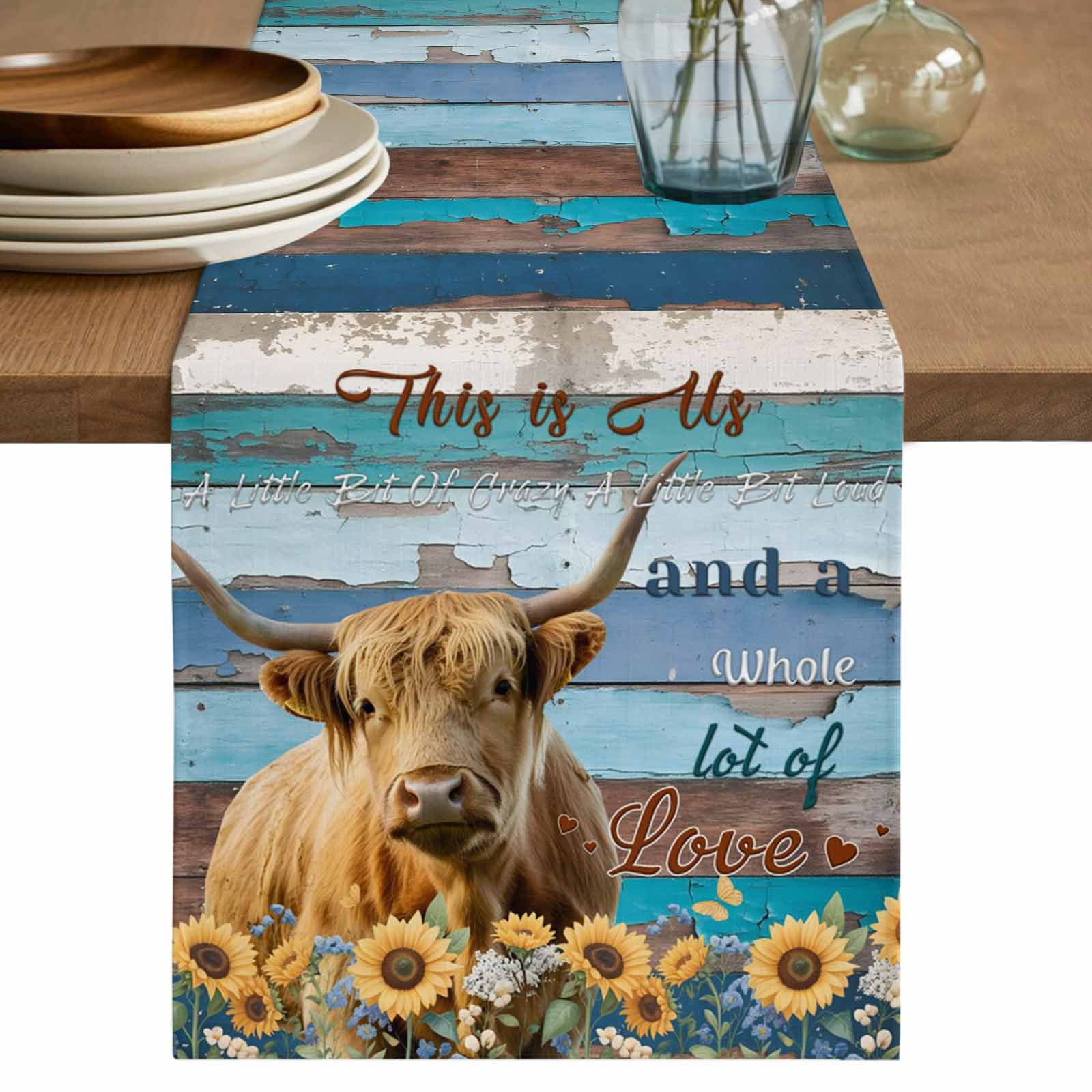 Sunflowers Cow Table Runner 108 Inches, Blue Brown Wooden Blank Cabin ...